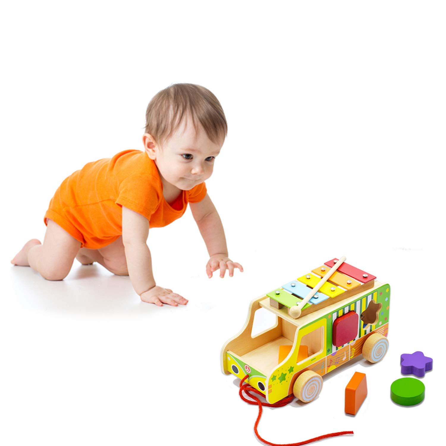 Wooden Shape Sorter - Shape Sorter for 1 Year Old Boys & Girls - Learning Educational Baby Shape Sorter Bus - Push & Pull Toy with Xylophone for 1 Year Old