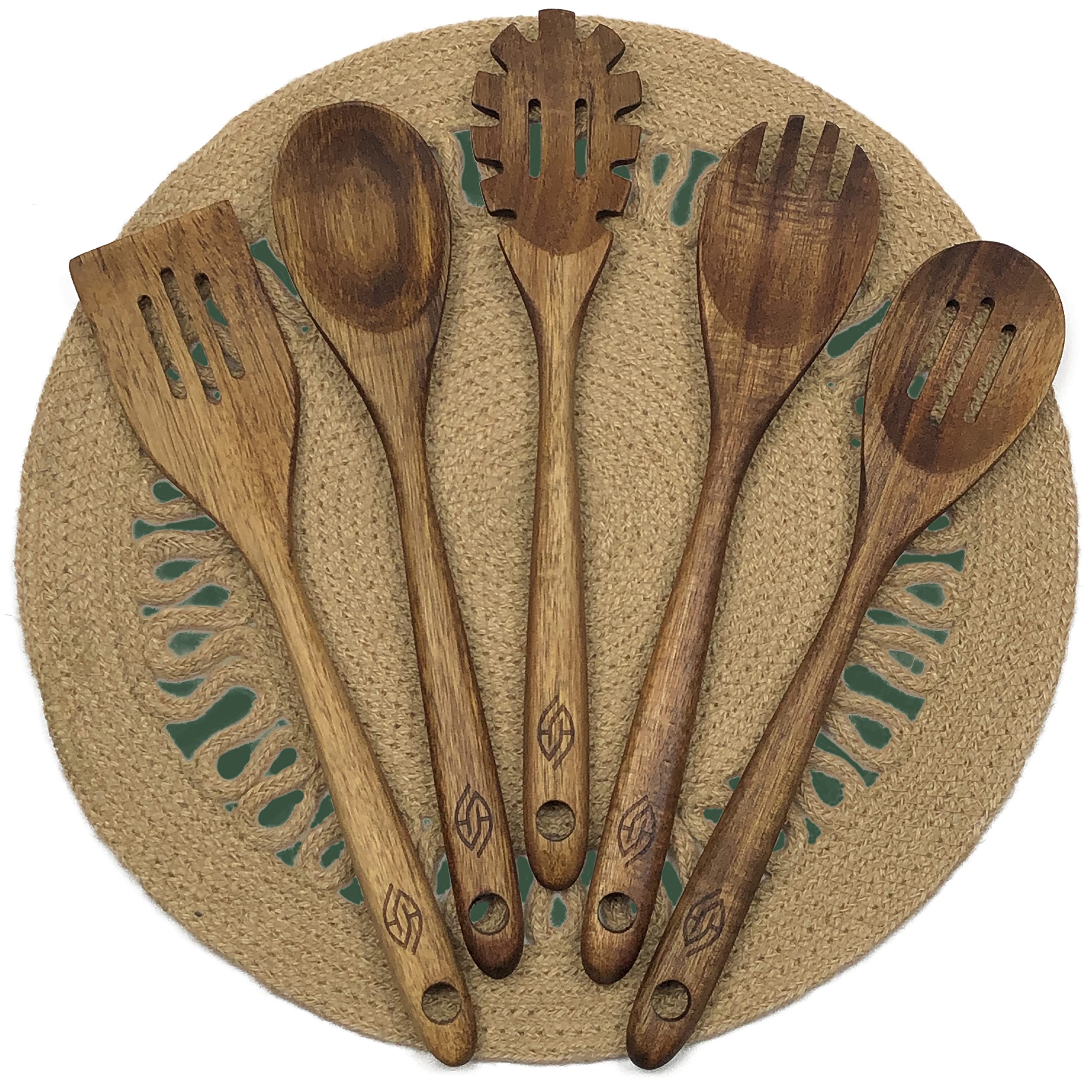 Wooden Spoons for Cooking - Kitchen Utensils Set of 5, Acacia Wood Utensil Sets, with Slotted Spoon, Salad Fork, Spatula, Pasta Server (Rich Brown)