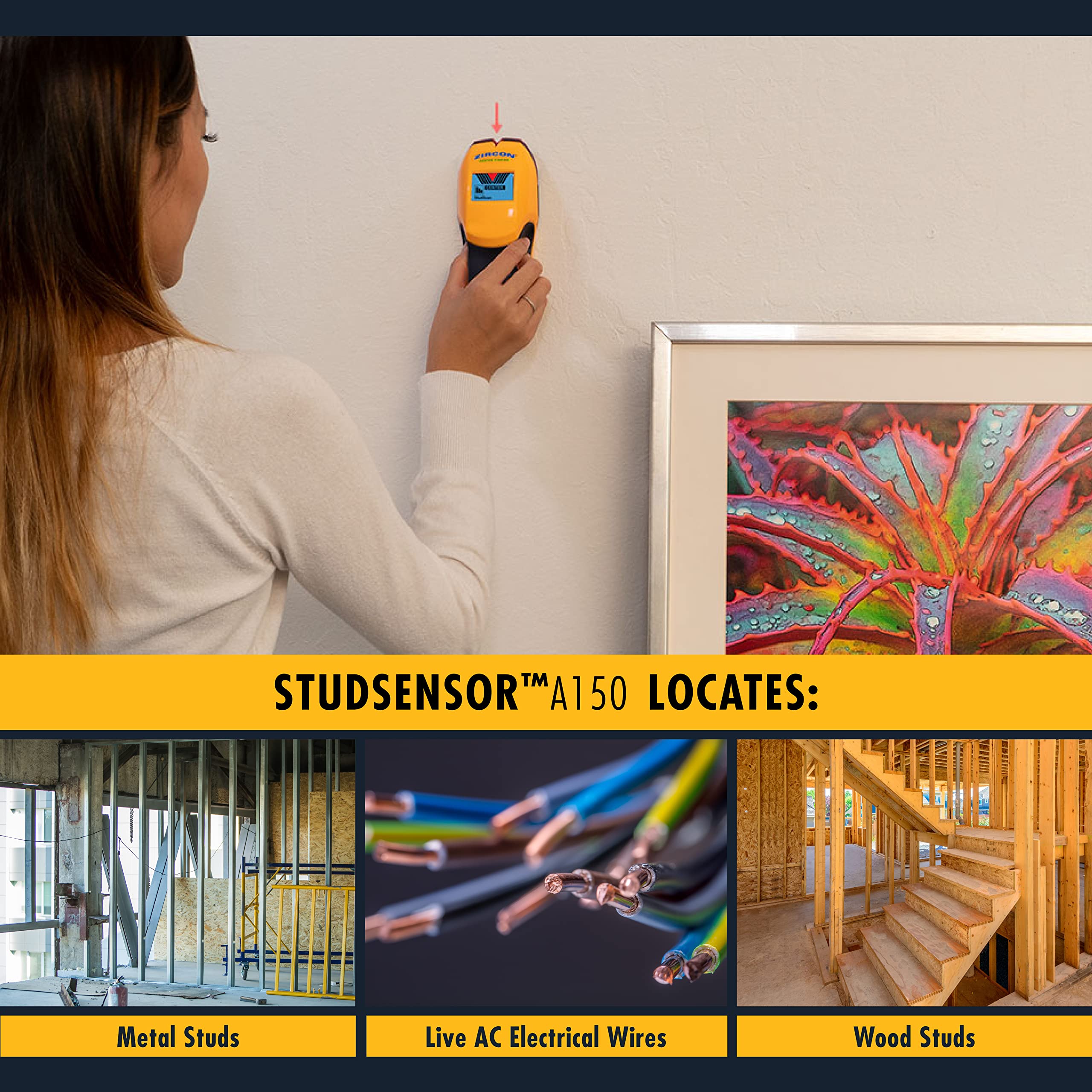Zircon StudSensor A150 Wall Scanner and Center/Edge Locating Stud Finder with WireWarning Detection and Signal Strength Indicator, Center Finding