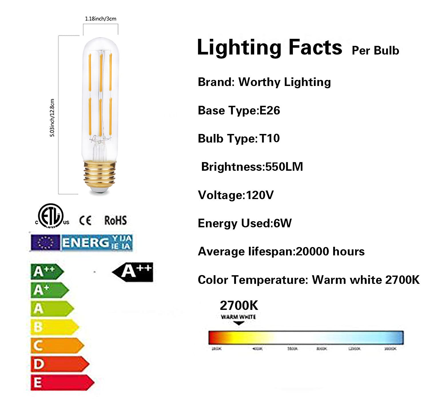 ZYCYLIGHT Dimmable T10 LED Bulbs Warm White 2700K,6W LED Tubular Edison Bulbs 60 Watt Equivalent,550Lm, E26 Medium Base Lamp Bulb for Desk Lamp, Pendant Lights,Pack of 6