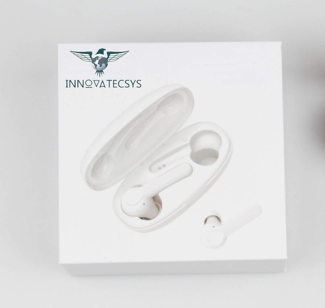 Wireless Bluetooth Earbuds, Headphone USB Charging CVC8.0 Noise Cancelling Earphones, Ergonomic Waterproof Bluetooth 5.0 TWS Stereo Headset with Charging Case White,INNOVATECSYS