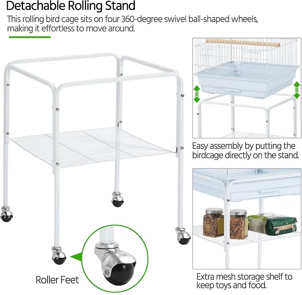 TENAS Deluxe Spacious Bird Cage - Interactive Play Top - Wire Construction - Rust Resistant Paint Coating - Wooden Perch - Convenient Small Feeder Door - Removable Rolling Bracket Metal (White)