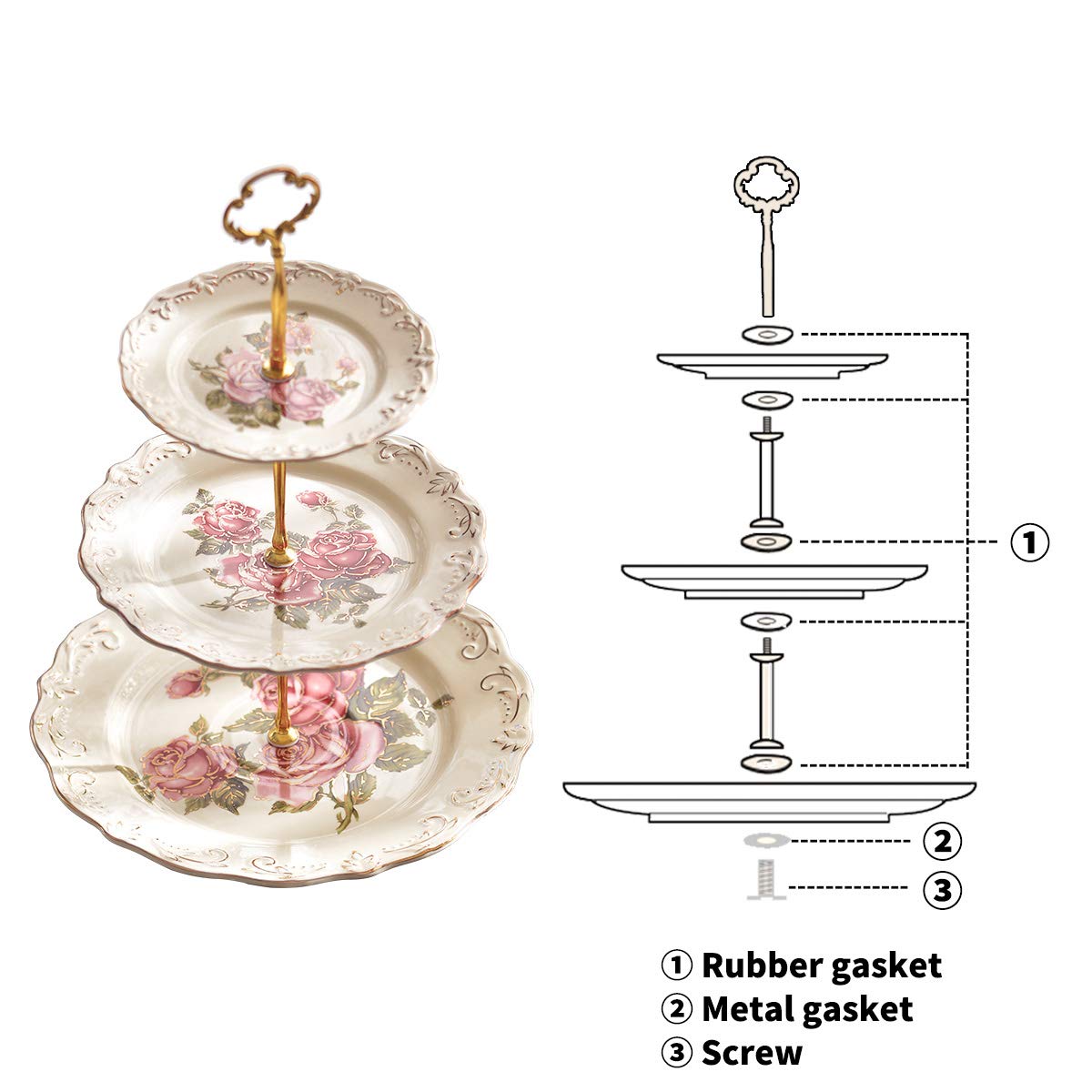YOLIFE Red Rose Pattern 3 Tiered CupCake Stand, Emboss Golden Leaves Edge Porcelain 3 Tier Pastry Stand Desert Stand