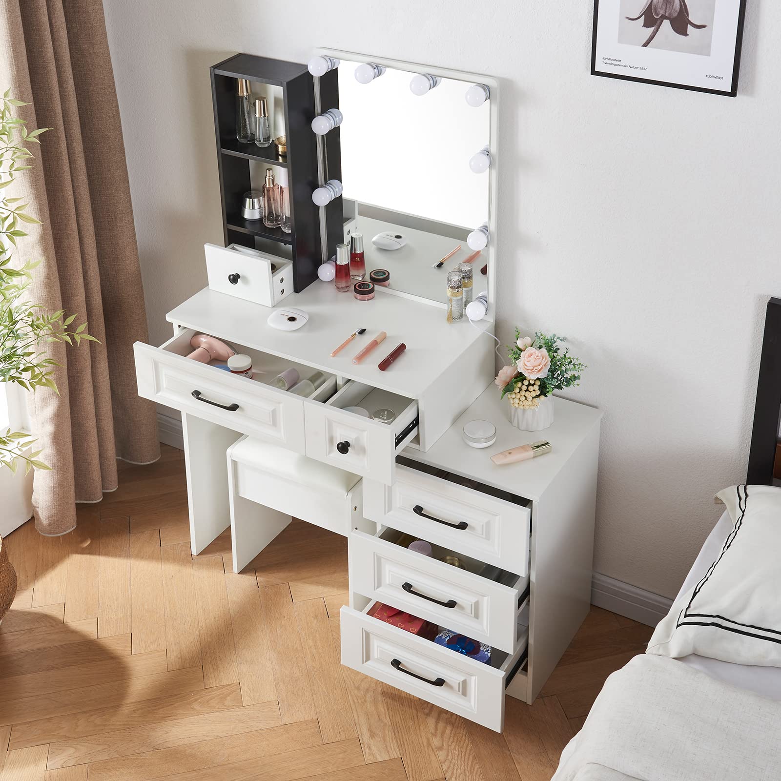 Xinhonglei Dressing Table with Lighted Mirror, Vanity Set with 5 Drawers and Cushioned Stool, White Modern Vanity Table Bedroom Furniture Dresser