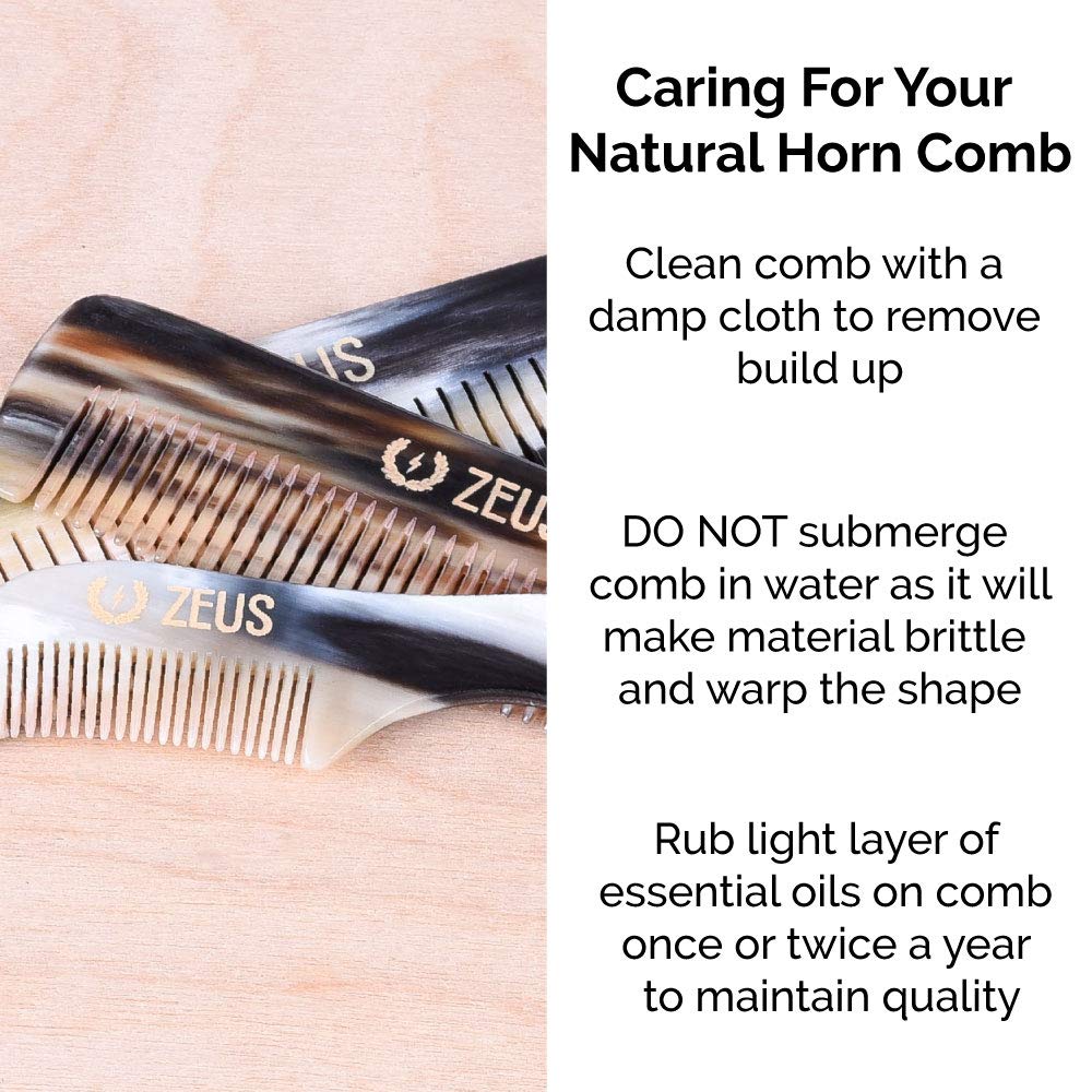 ZEUS Handmade Anti-Static Natural Horn Comb Set for Mustache, Beard, and Hair - Best 3 Piece Set - Medium and Fine Teeth