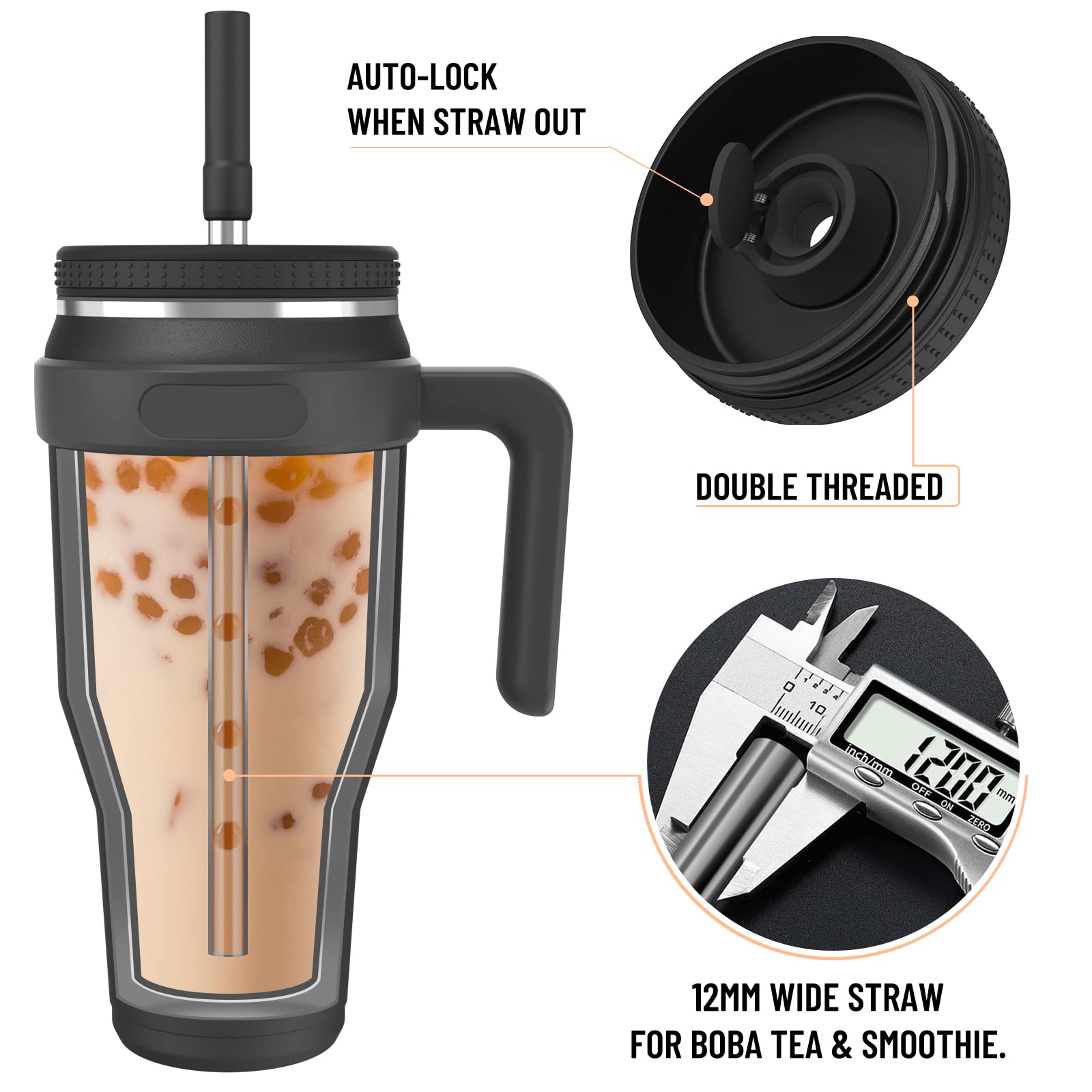 Zukro 40 oz Tumbler with Handle and Straw Lid, Leak Proof Vacuum Insulated Stainless Steel Water Bottle, Fit in Cup Holder, No Sweat, Keeps Drinks Cold 24 Hours, BPA Free, Dishwasher Safe - Black