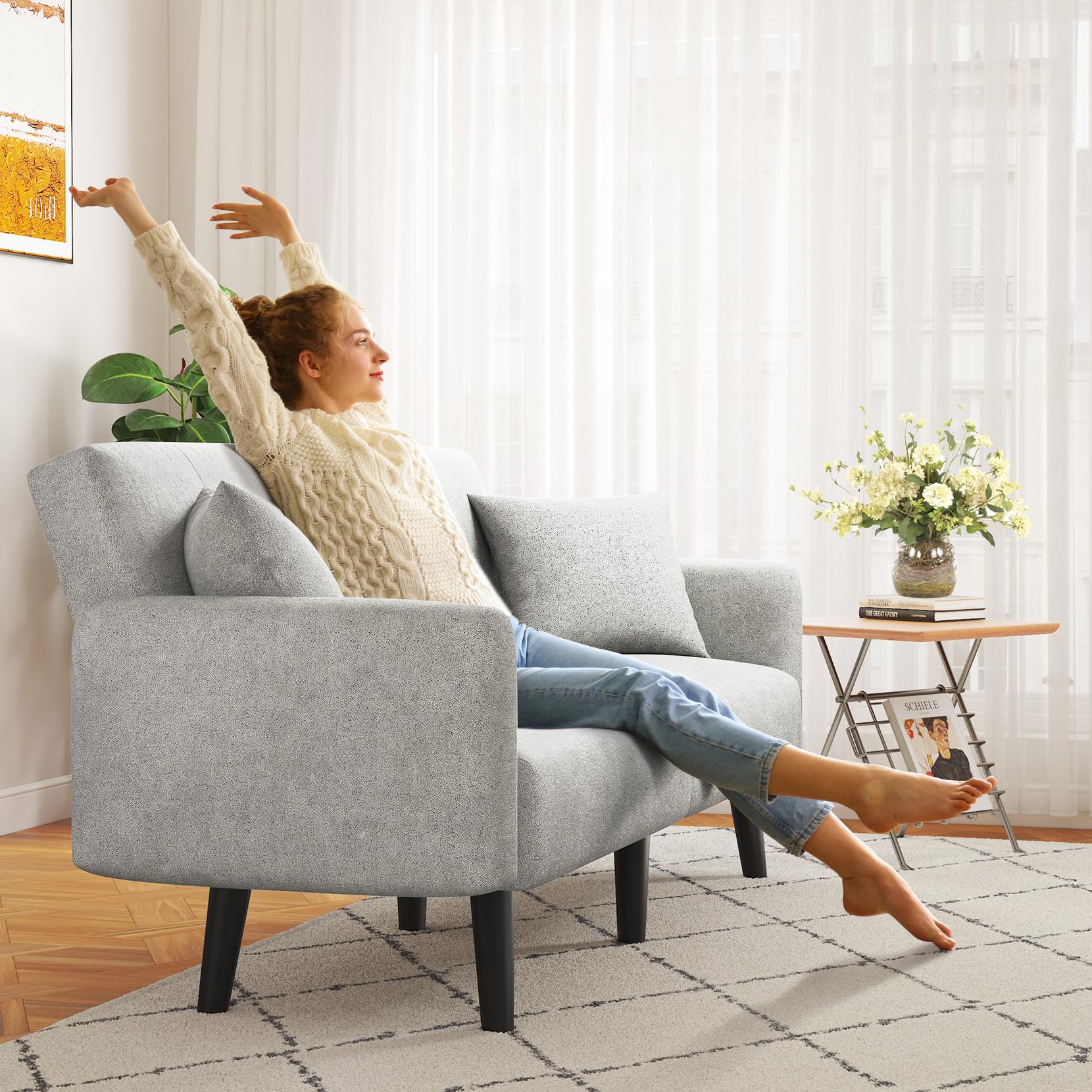 Vesgantti Sofa Bed, 74 inch Futon Couch Bed, Adjustable Split Backrest, Modern Fabric Sleeper Bed w/2 Pillows, 2 Seater Loveseat Sofas for Living Room, Guest Room, Bedroon, Office, Light Grey