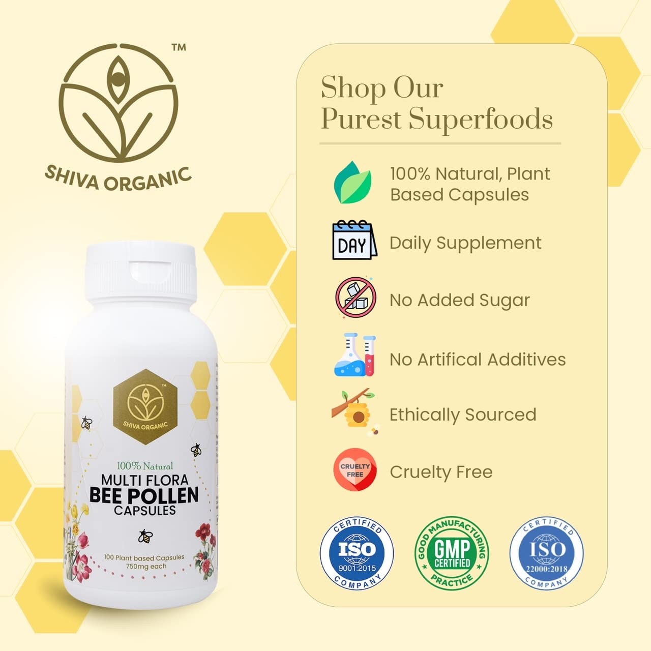 Shiva Organic Multi Flora Bee Pollen (750mg)- 100% Pure Natural, Plant-Based Protein, Immunity & Energy Booster, High in Vitamins - 100 Capsules