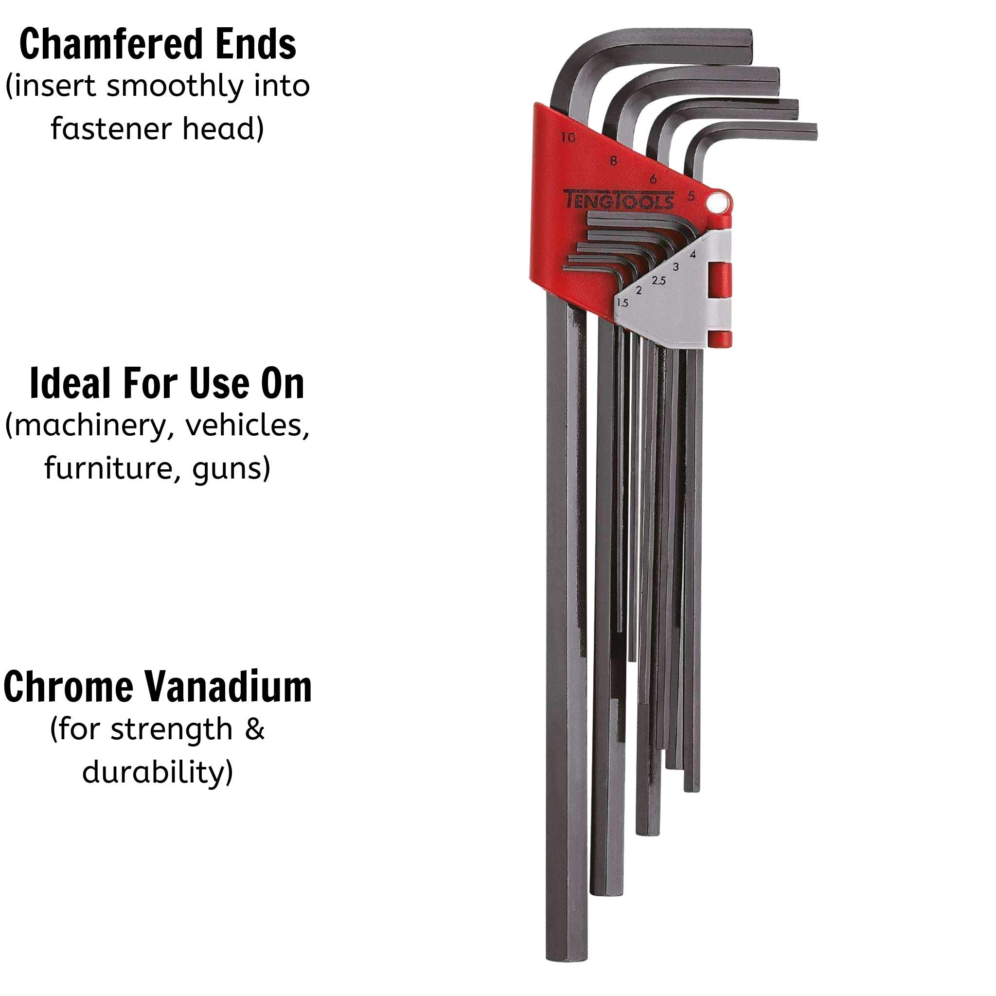 Teng Tools 9 Piece Extra Long Black Metric Hex Key/Allen Wrench Set (1.5mm - 10mm) - 1479MMRL,Silver