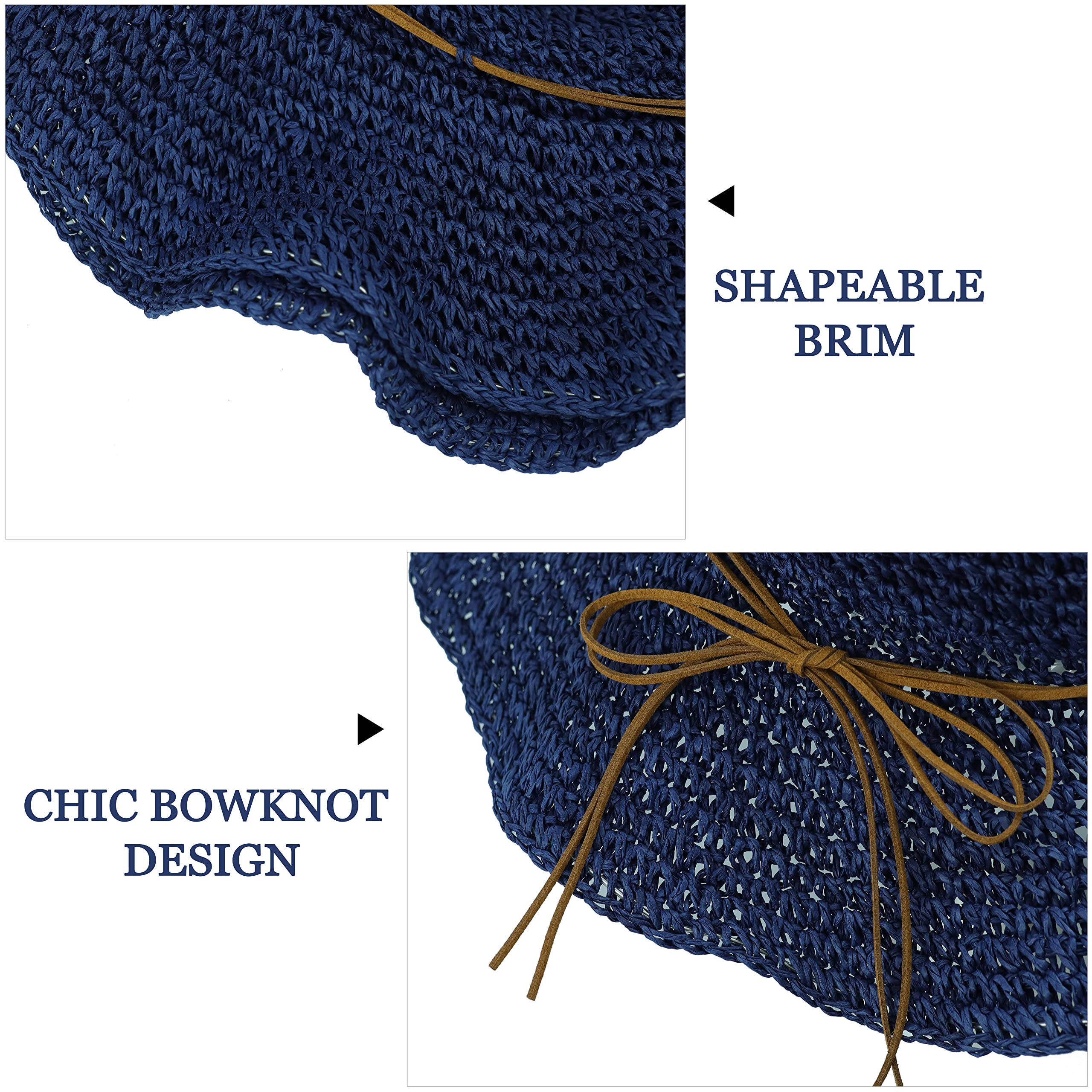 Women Sun Hat Wide Brim Floppy Beach Hat Crochet Straw Hat Breathable UV UPF 50+ Summer Hat Foldable Packable Travel Outdoor Cap Navy Blue