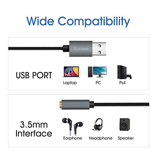 USB to Audio Jack Adapter,USB-A to 3.5mm Female Headset Adapter,External Stereo Sound Card for Headphone, Mac, PS4, PC, Laptop, Desktops and More (1.2ft, Grey)