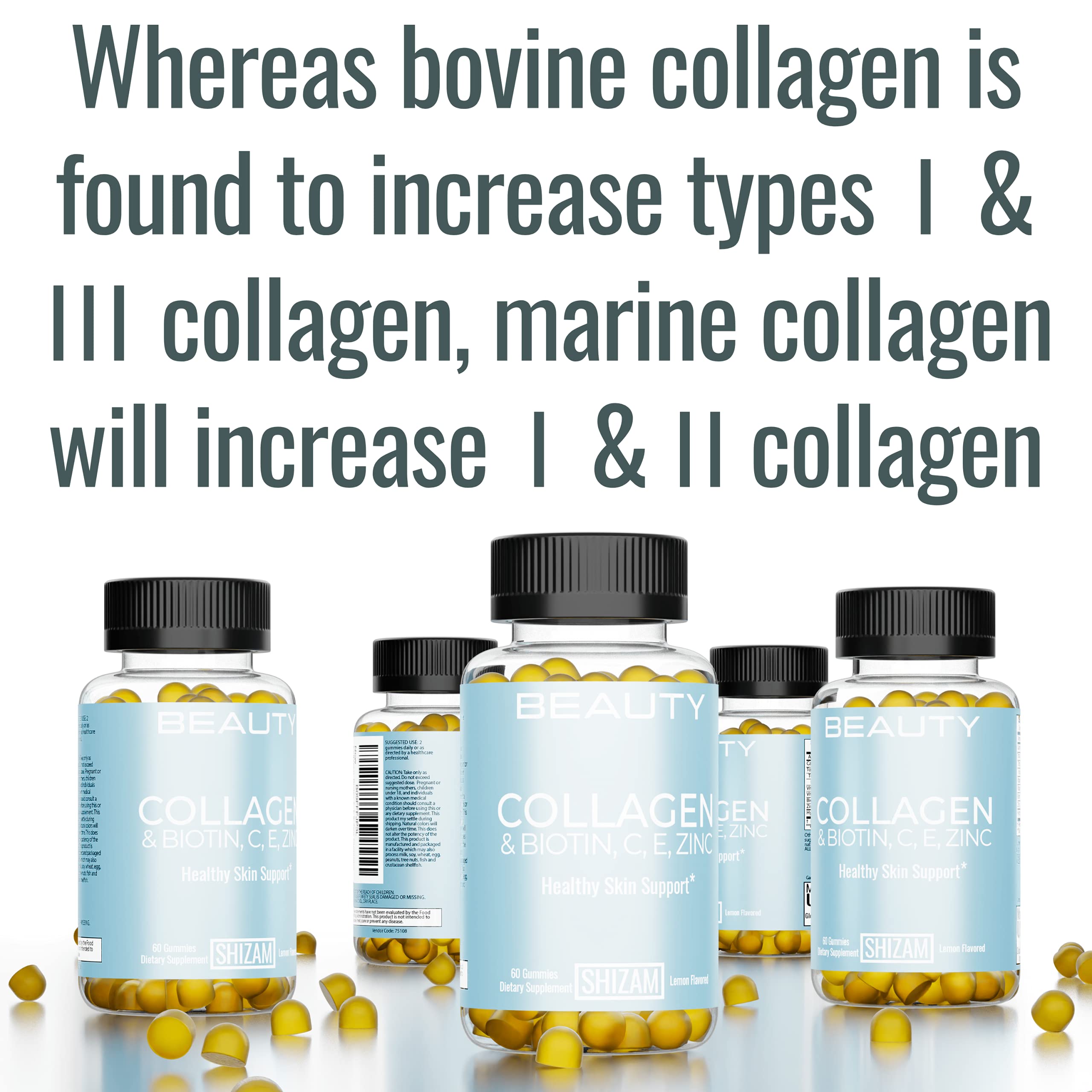 SHIZAM Hydrolyzed Bovine Collagen Biotin Gummies with Multi-Vitamin C, E & Zinc for Hair Growth-Loss and Strong Nail. Alternative for Liquid Drops, Pills & Keratin Shampoo for Women