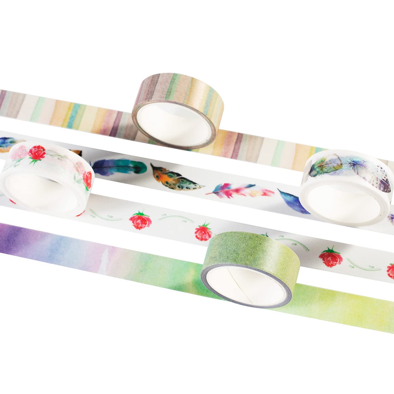 YUBBAEX Romantic Garden Washi Tapes 4 Rolls Feather Rose Masking Tape Set Decorative for Arts, DIY Crafts, Journal Supplies, Planners, Scrapbook, Card/Gift Wrapping