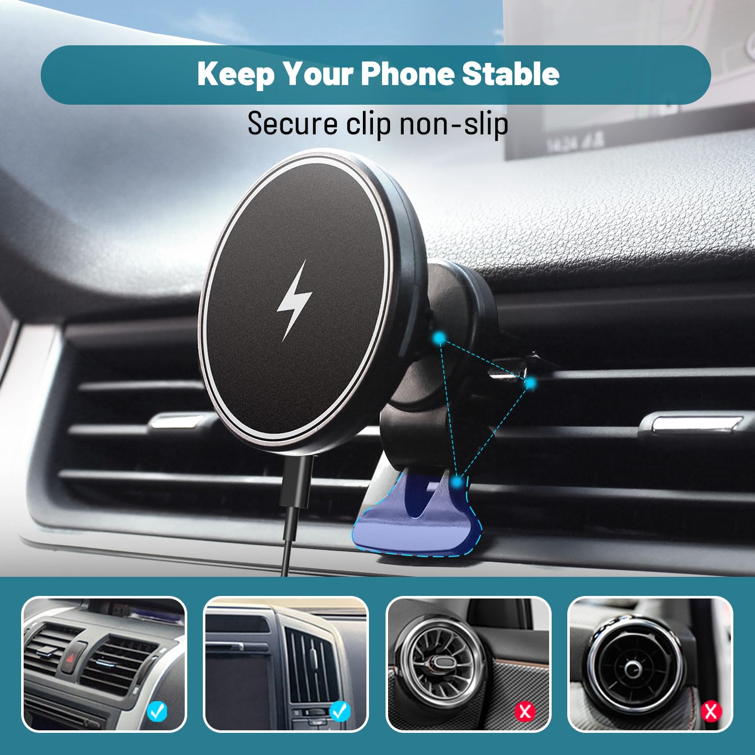 USBERG Magnetic Wireless Car Charger Phone Mount, Fast Wireless Charging Magnets,Car Accessories Air Vent Car Phone Holder with Strong Magnets,Compatible with iPhone Samsung Galaxy Google, LG,etc