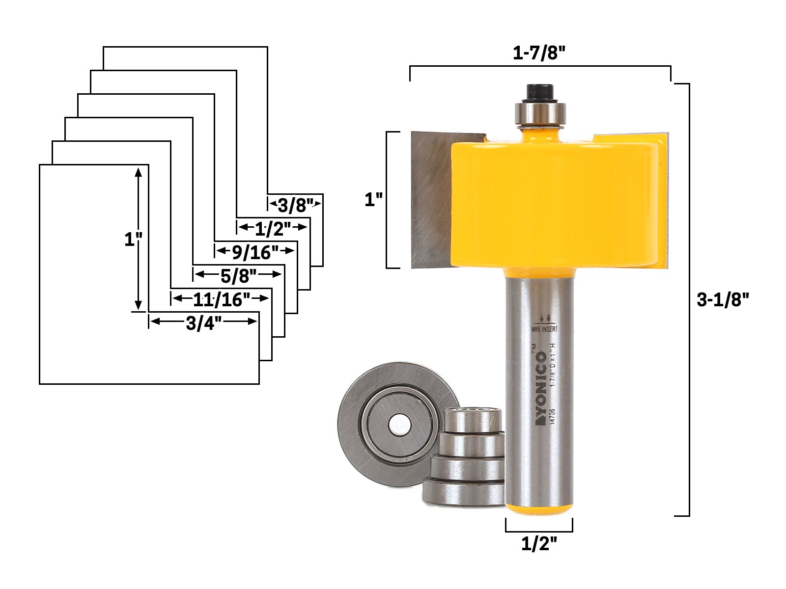 YONICO Rabbet & Bearing Router Bit Set Large 1/2-Inch Shank 14706