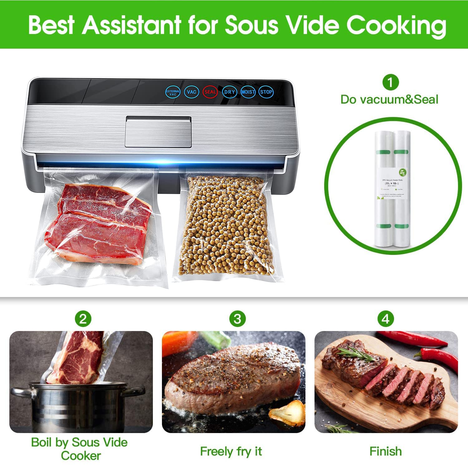 Vacuum Sealer Bags, 2 Rolls Thicker Heavy-Duty Commercial Quality Textured Vacuum Seal Bags for Food Storage Saver Sous Vide Cooking