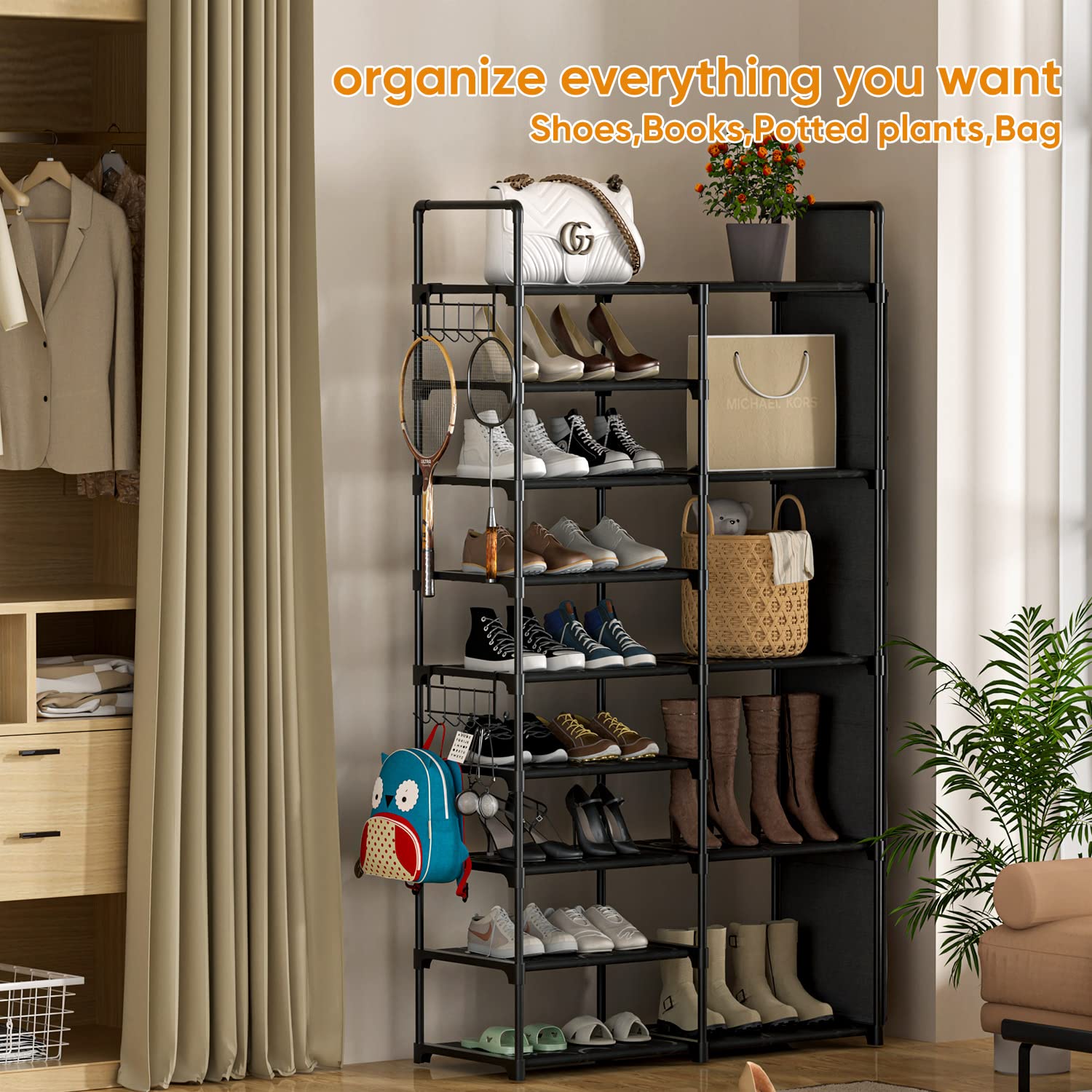 XJJX 9-Tier Shoe Rack Organizer, 28 Pairs Metal Shoe Rack for Closet Boots Organizer Shoe Storage with Side Bag Stackable Shoe Stand for Entryway Hallway and Bedroom
