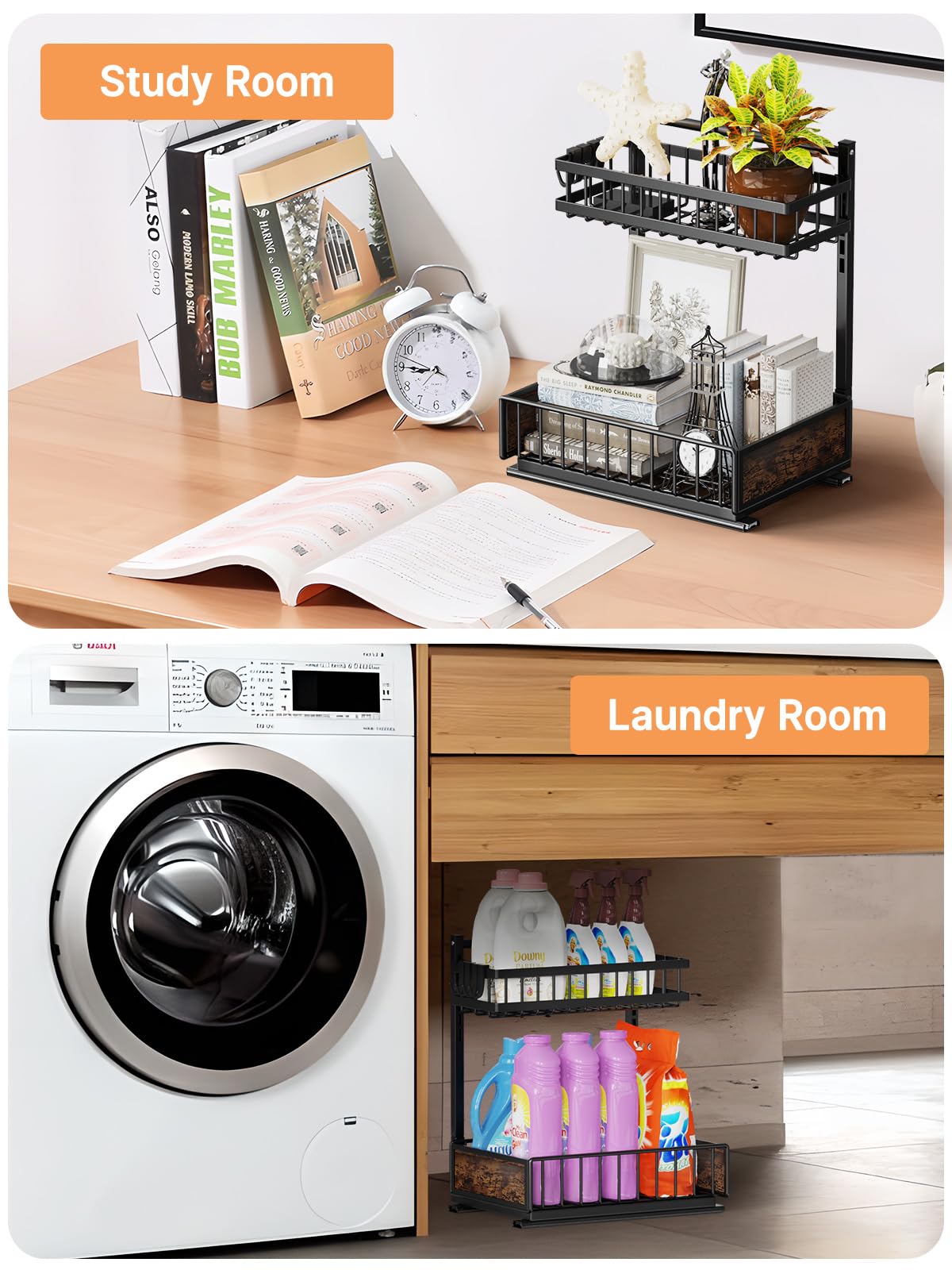 Under Sink Organizers 2 Tier - Kitchen Under Sink Organizer Storage Metal,Pull Out Cabinet Organizer,Adjustable Height Organizer with Hooks,Sturdy Slide Out Storage for Kitchen Bathroom Cabinet