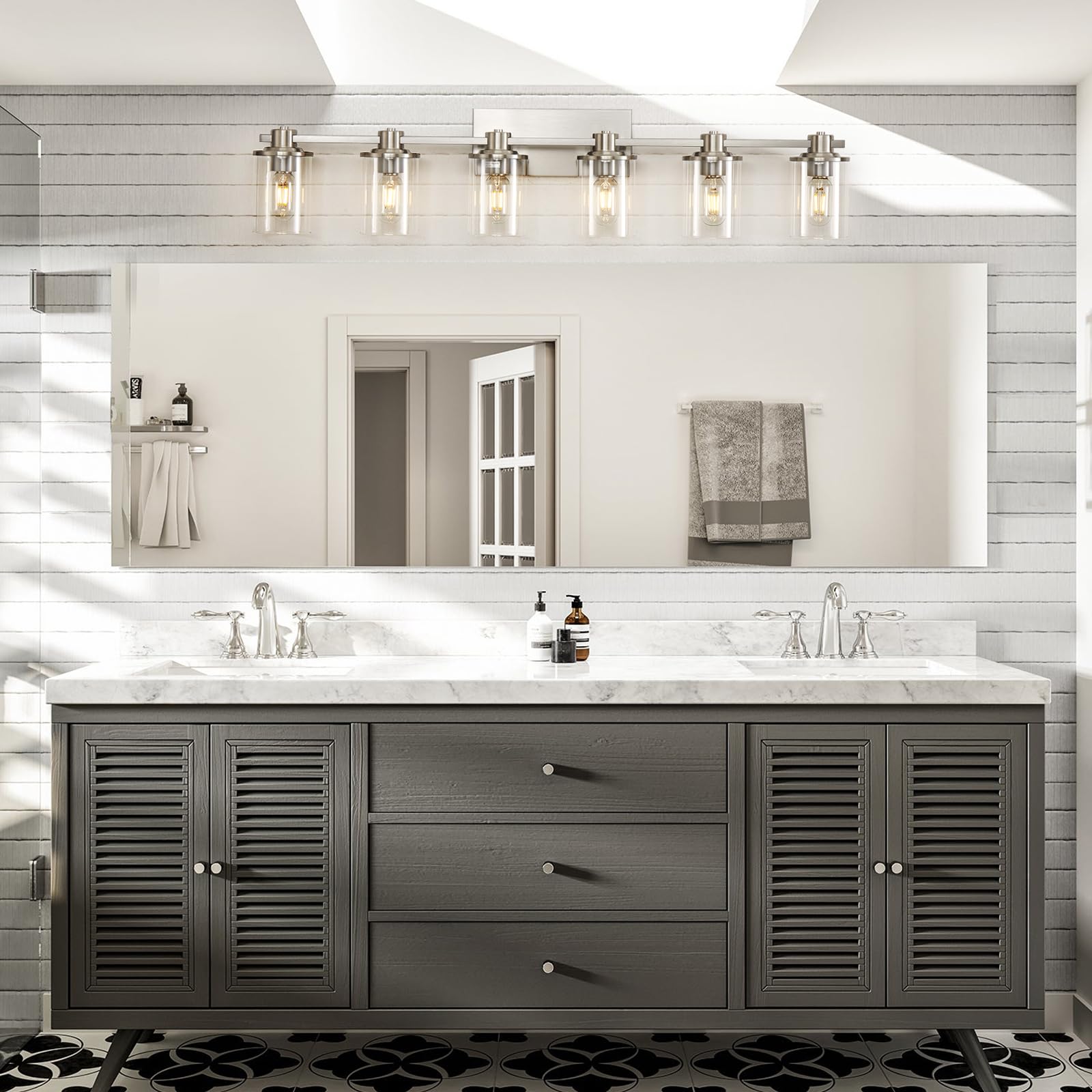 XGFOURSEVEN Brushed Nickel Bathroom Vanity Light, 6-Light Bathroom Light Fixtures with Clear Glass Shade, Nickel Wall Sconce for Bathroom Lighting (Brushed Nickel, 6 Light)