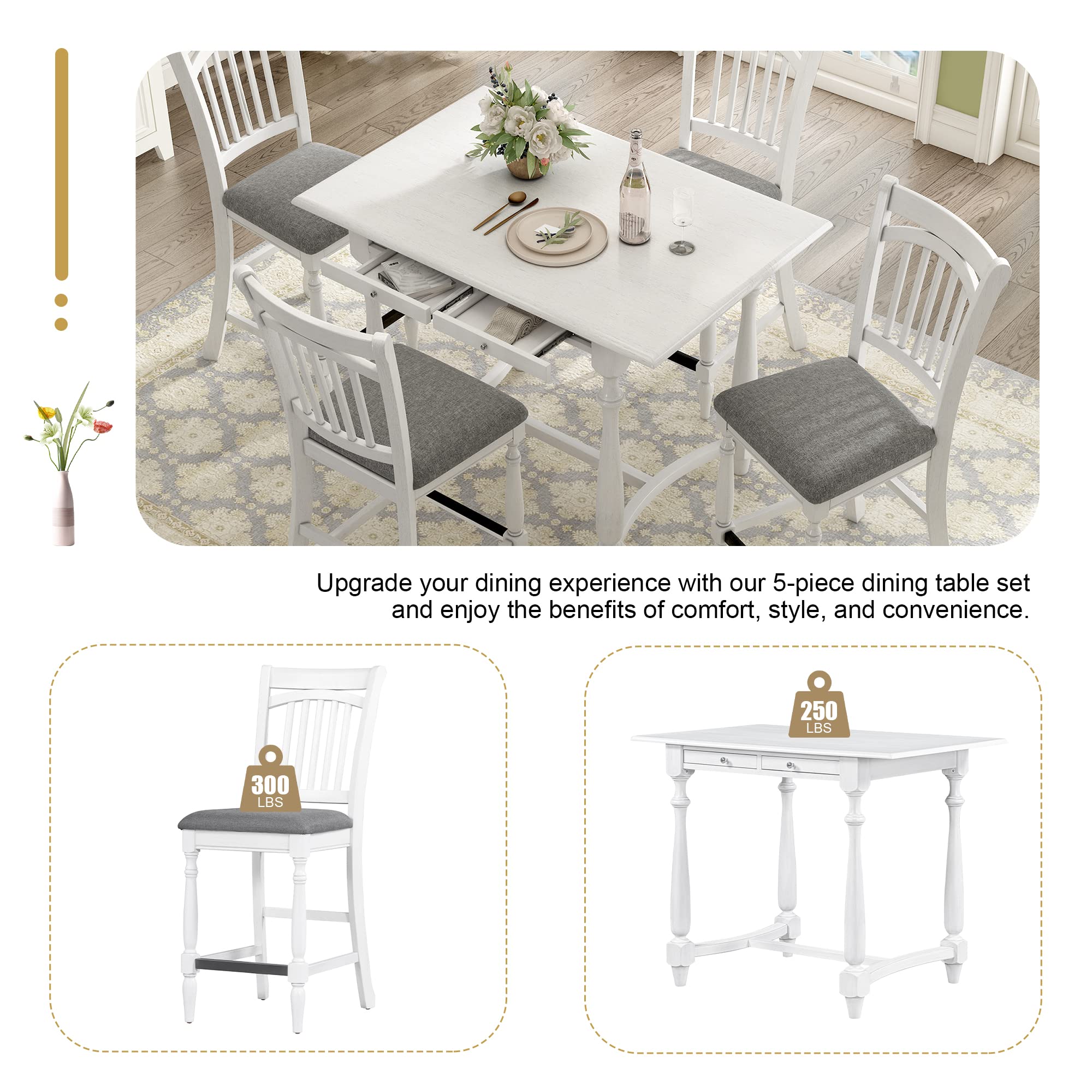 YuiHome Dining Table, Mid-Century Farmhouse 5-Piece Wood Counter Height Kitchen Furniture Set with Storage Drawers and 4 Upholstered Chairs,White, White2
