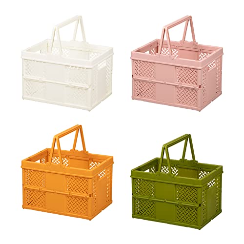 Xhwykzz 4-Pack Plastic Baskets with Handle, Folding Pastel Crates for storage, Storage Basket for kitchen living-room Desktop Shelf Organizer (9.2""L x 6.8""W x 6.1"")