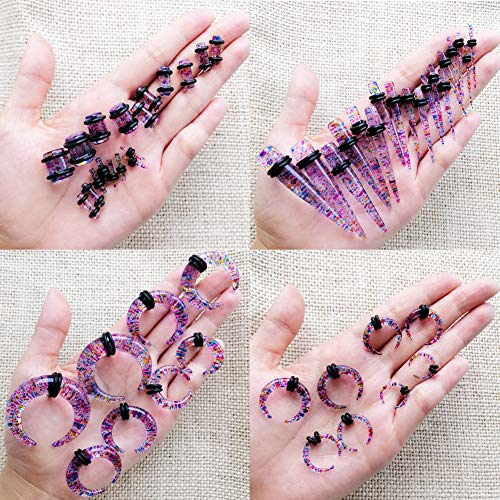 YOFANST 14G-00G 54pcs Acrylic Ear Gauges Stretching Kit Crescent Shaped/Spiral Taper Plug Set (Rainbow Glitter)