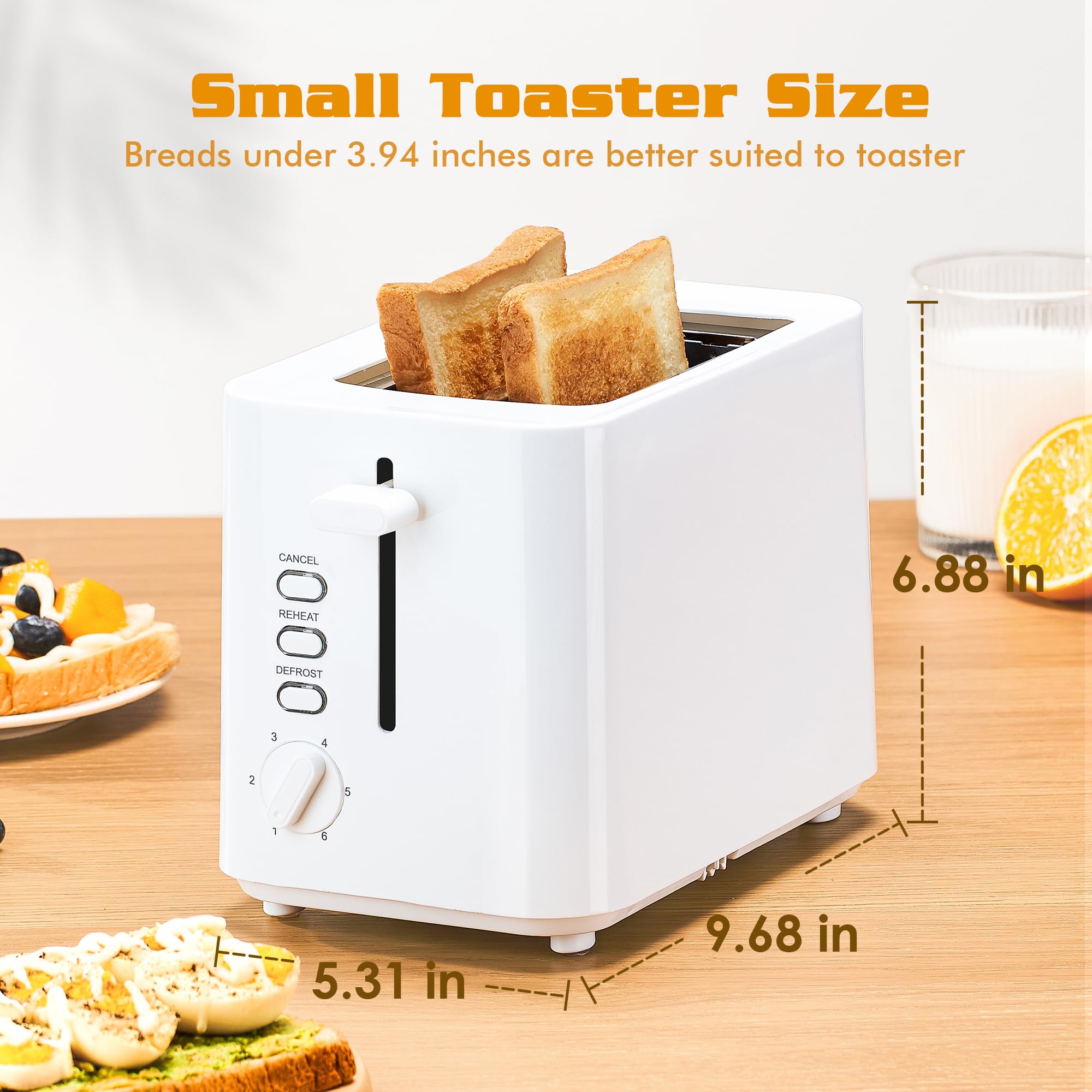 Toaster 2 Slice, NIKLEMON Small Compact Plastic Toaster with 6 Browning Levels and Defrost, Reheat and Cancel 3 Functions, Removable Crumb Tray, Under Base Cord Storage, White