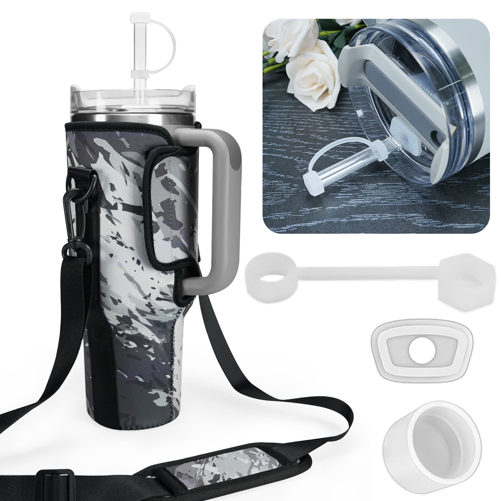 Water Bottle Carrier Bag Compatible with Stanley 40oz Tumbler with Handle, Stanley cup accessories Silicone Spill leak Stopper Set of 3,with Adjustable Shoulder Strap for Hiking Travelling Camping