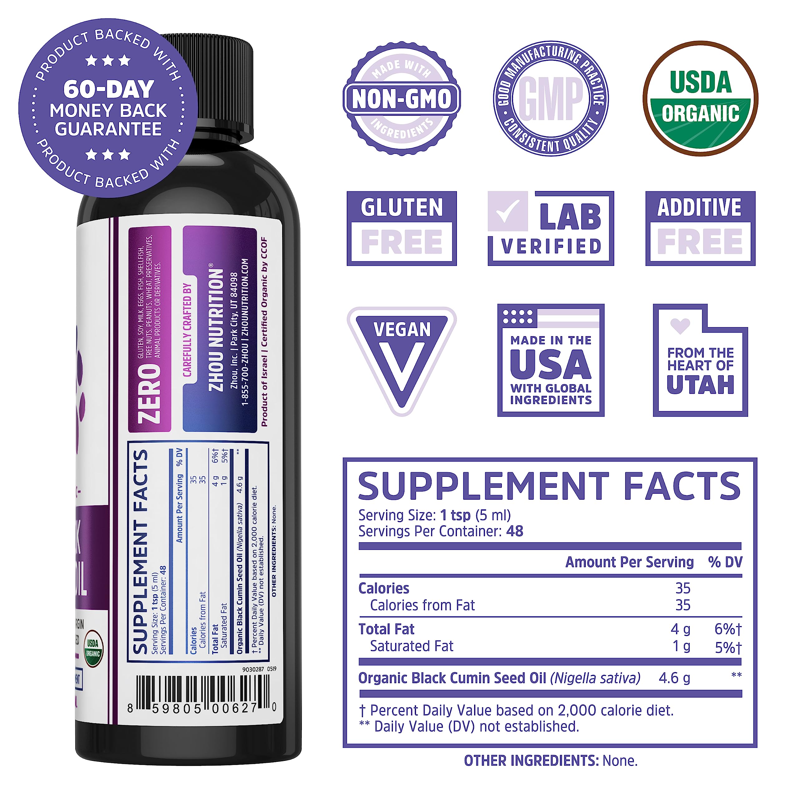 Zhou Organic Black Seed Oil | 100% Virgin Cold Pressed Omega 3 6 9 | Super Antioxidant for Immune Support, Joints, Digestion, Hair & Skin | Vegan, Gluten-Free, Non-GMO | 8oz