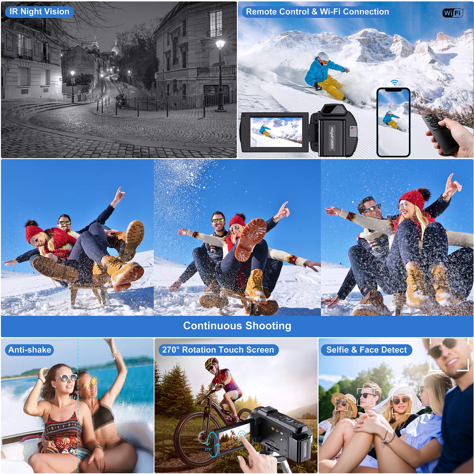 VAFOTON 4K Video Camera Camcorder with Microphone, 48MP Vlogging Camera for YouTube 16X Zoom 3.0" Touch Screen IR Night Vision Wi-Fi Vlog Cameras Webcam with Handheld Stabilizer Remote Control