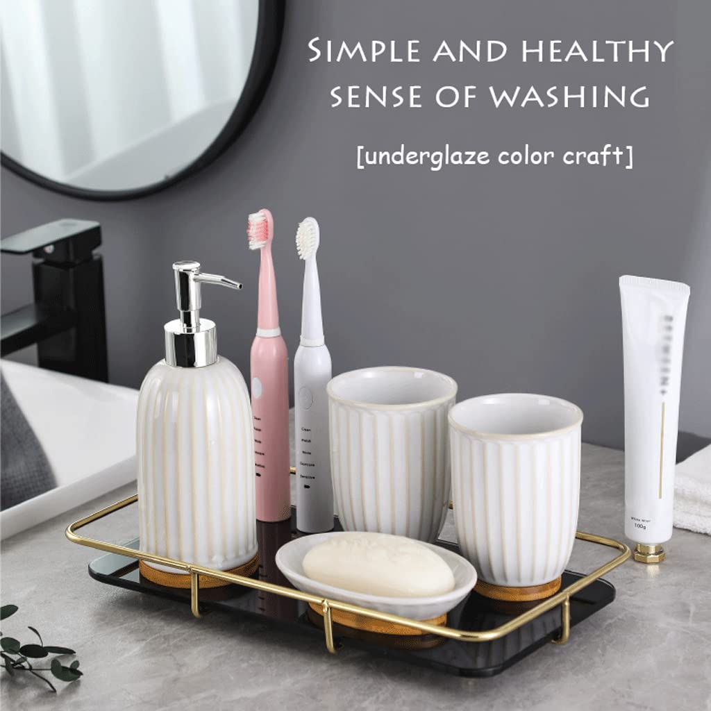 UTOYA Durable Smooth Glaze Bathroom Accessories Set White,Cermaic Bath Vanity Countertop Decor Set-Hand Soap Dispenser,Tumbler,Soap Dish,Tray Replacement