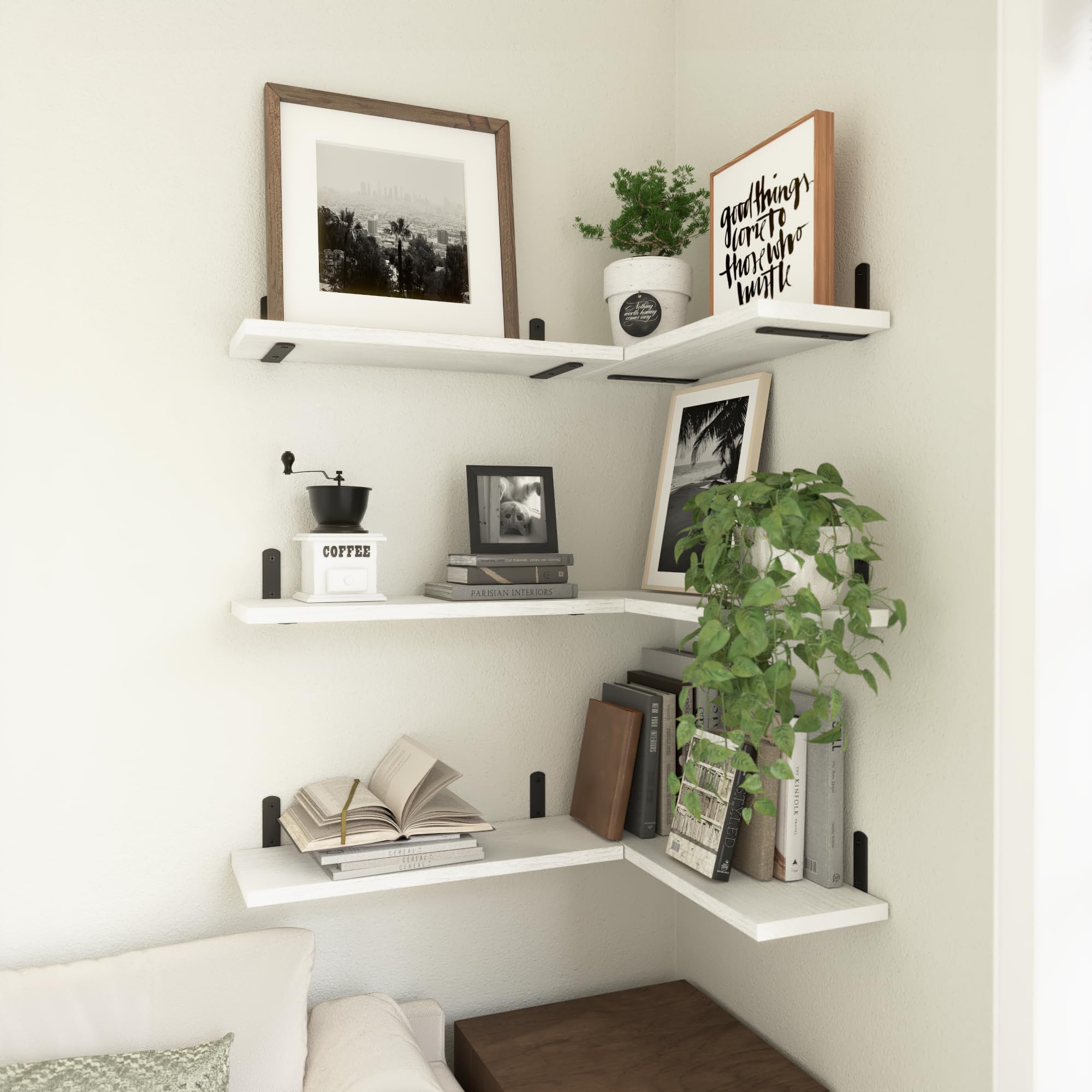 WOPITUES Floating Shelves Set of 6, Wood Floating Wall Shelves for Wall Decor, Bathroom Shelves, Book Shelves for Living Room-Modern White