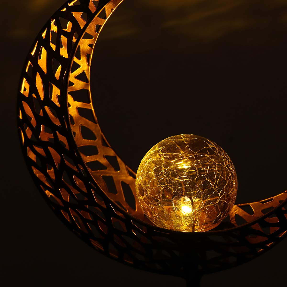 YUNLIGHTS Garden Solar Lights Pathway Outdoor Moon Crackle Glass Globe Stake Metal Lights,Waterproof Warm White LED for Lawn,Patio or Courtyard