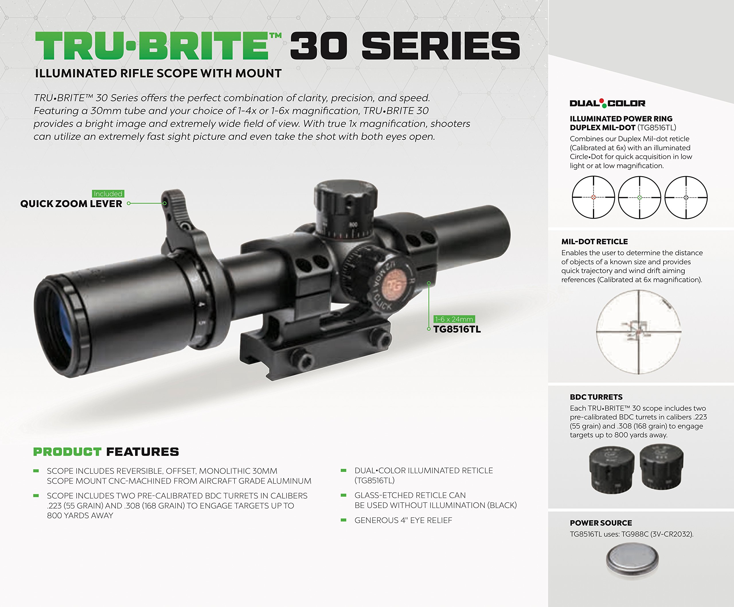 TRUGLO TRU-Brite 30 Series 1-6 X 24mm Dual-Color Illuminated Power Ring Duplex MIL-DOT Reticle Matte Black Gun Scope with Mount (TG8516TL) and TAC-POD Adjustable Folding Bipod (TG8902S)