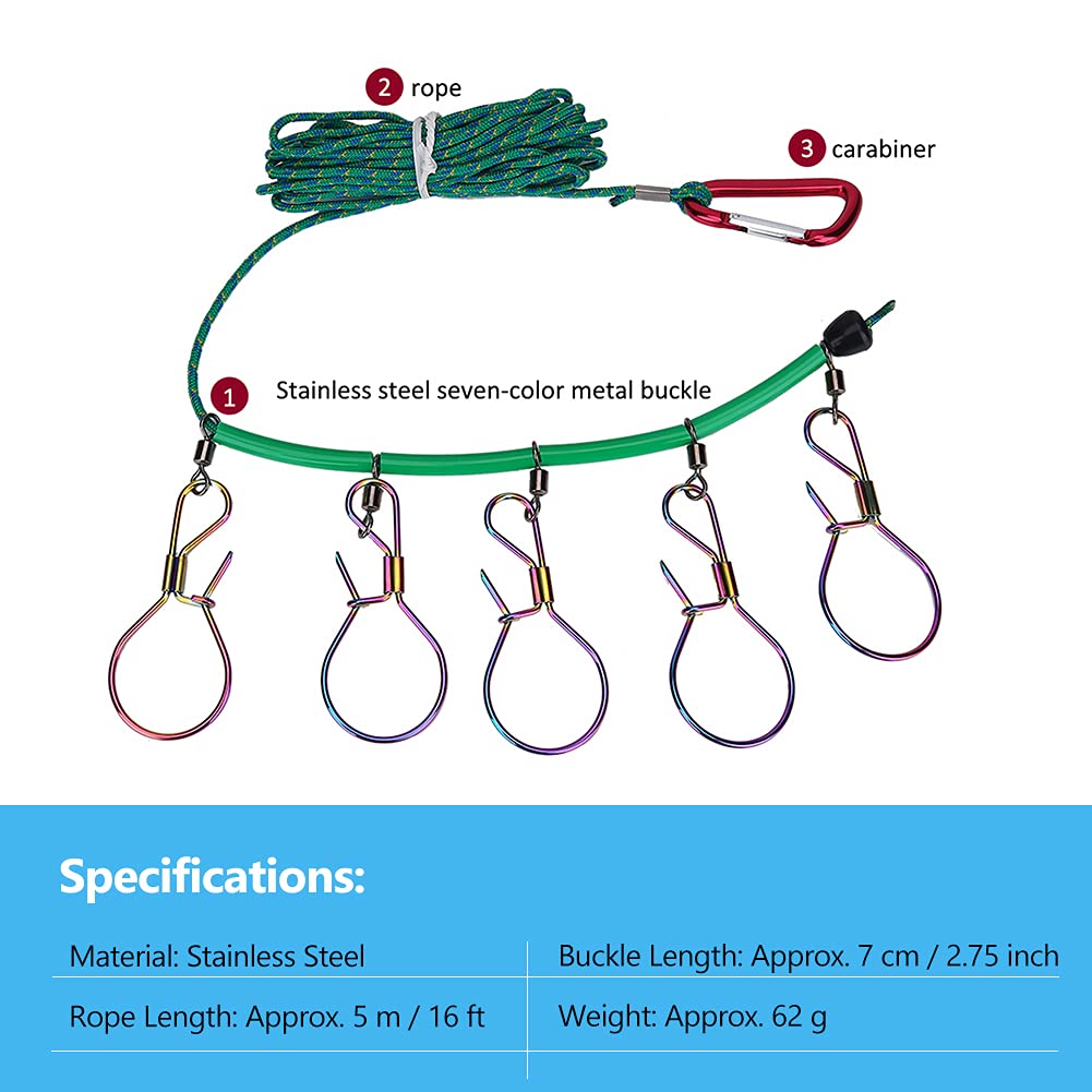 VGEBY 16ft Heavy Duty Fishing Stringer Fish Lock 5 Hook Snaps Stainless Steel Ropes Fishing Tools and Accessories Fish Stringer Heavy Duty Fish Stringer Fish Stringers