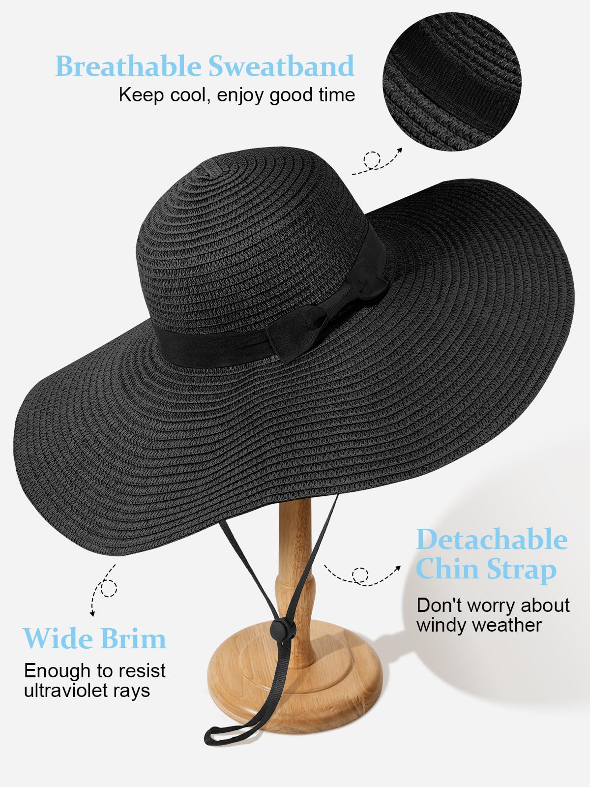Womens Sun Hat UV Protection Wide Brim Beach Hat Floppy Foldable Roll-Up Straw Hats for Women UPF 50 Black