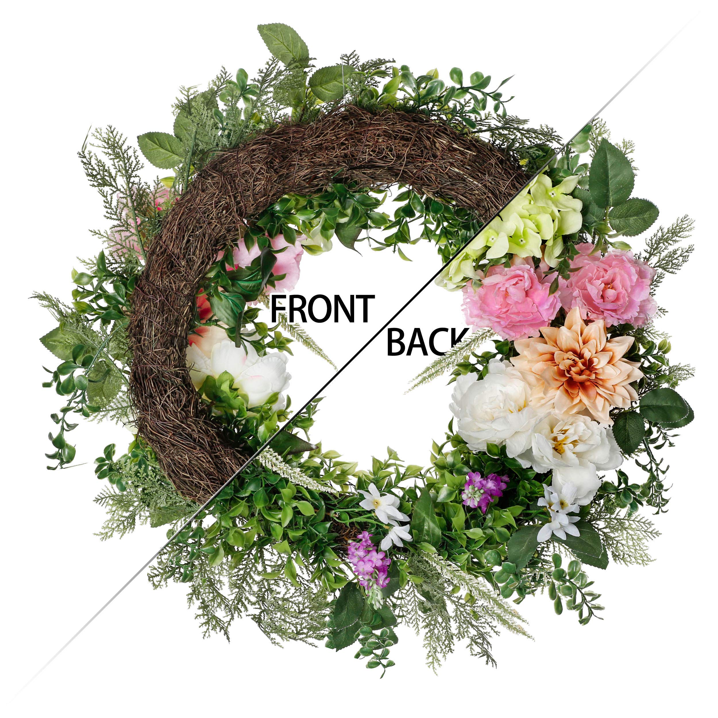 Valery Madelyn 24 inch Decorative Hydrangea Peony Flower Summer Wreath with Green Leaves, Spring Floral Wreath for Porch, Front Door, Window, Wall, Wedding, Home Decor