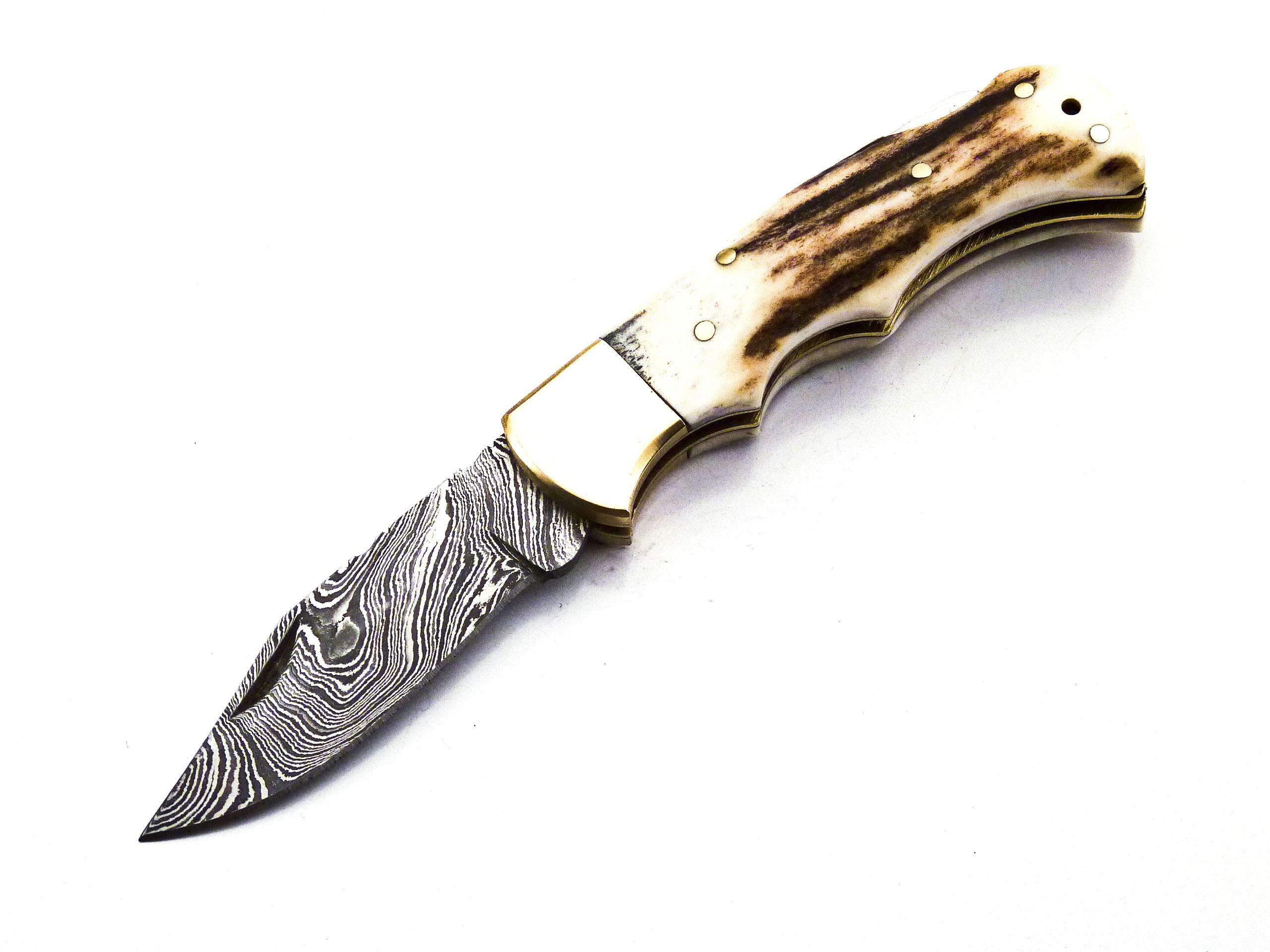 Skokie Knives Custom Hand Made Damascus Steel Hunting Pocket Folding Knife With Handle Stag Antler (S.F)