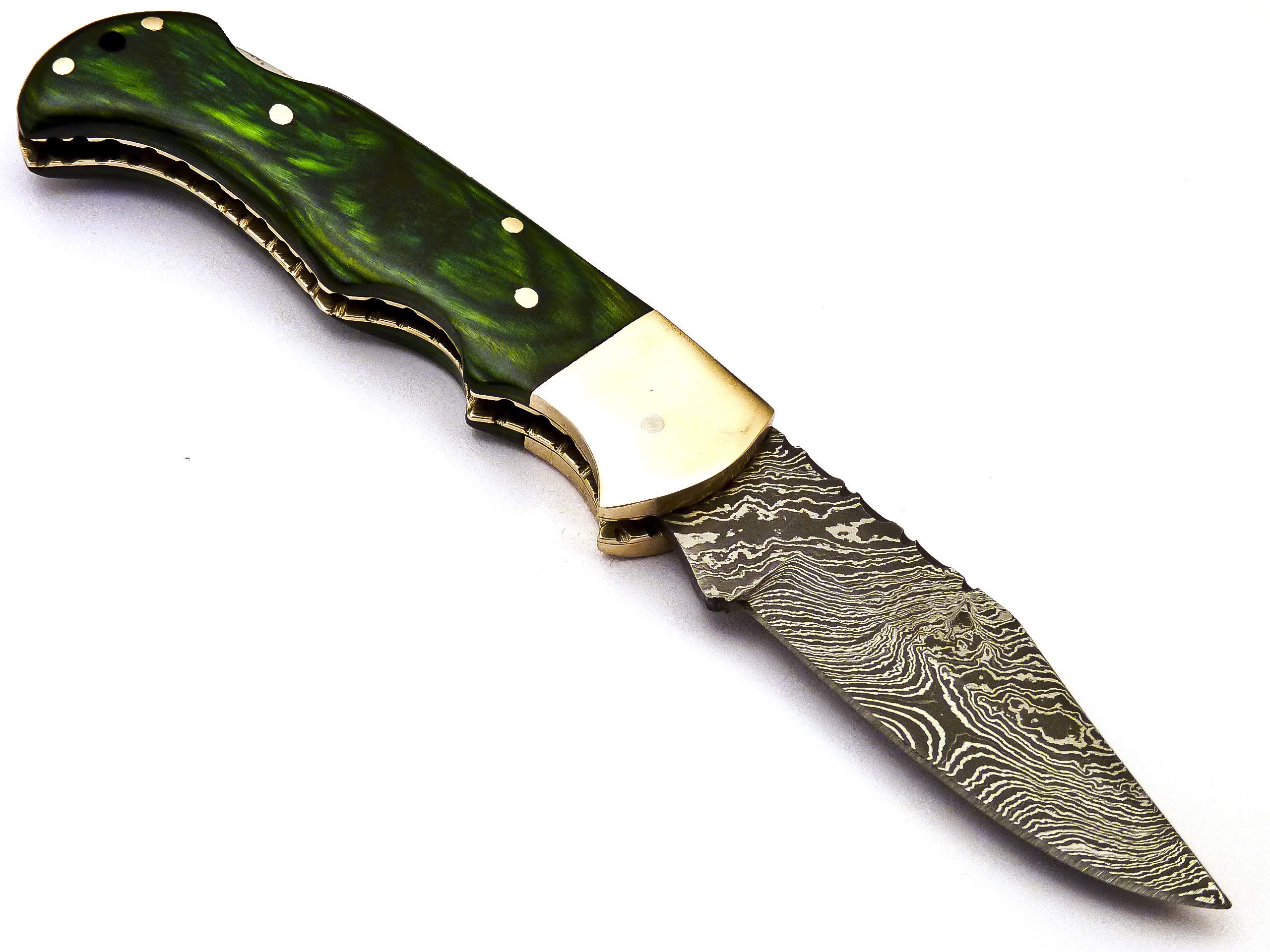 SkokieKnives Custom Hand Made Damascus Steel Hunting Folding Pocket Knife Handle Green Pakka Wood G