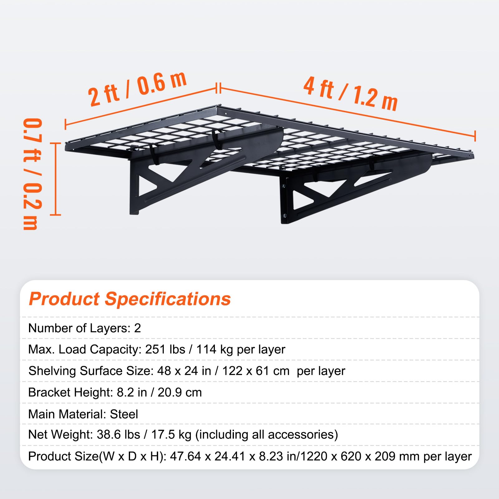VEVOR Garage Shelving Wall Mounted, 2 x 4 ft Heavy Duty Garage Wall Shelves, 502 lbs Load Capacity Garage Storage Rack Floating Shelves, 2 Pack, Suitable for Shop, Shed, Garage Storage