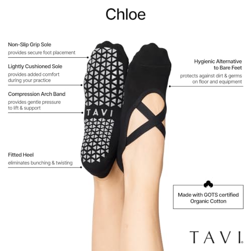 TAVI NOIR Chloe Fashion Criss-Cross Grip Socks for Barre, Pilates and Yoga, Ebony, Medium