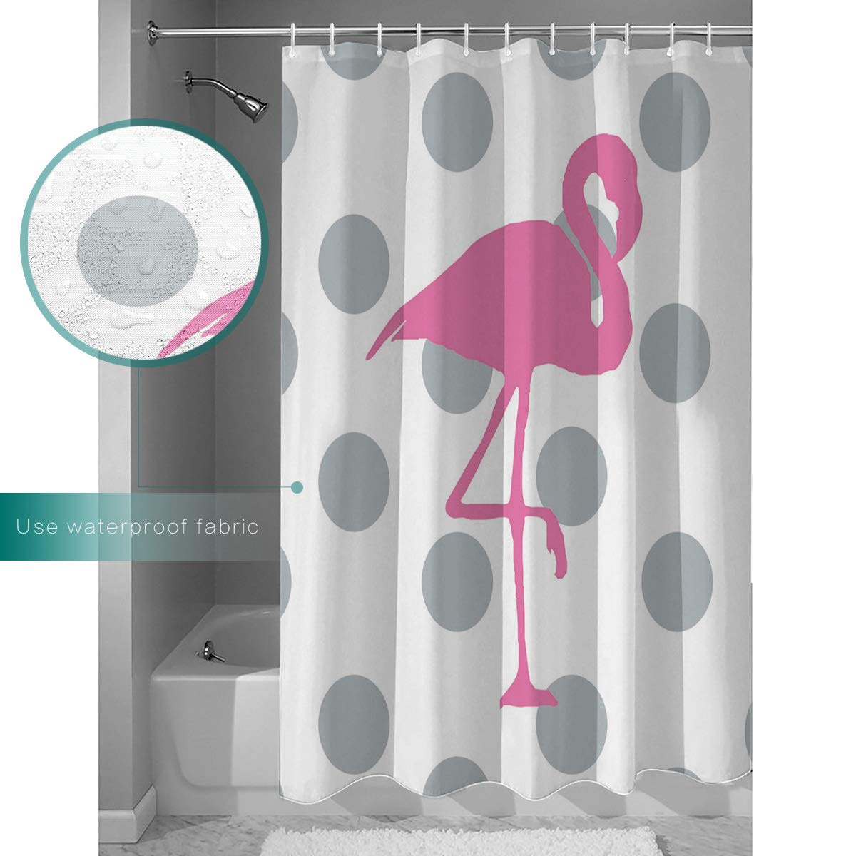 Shower Curtain Sets for Bathroom Decor with 12 Hooks, Simple Hand Painted Pink Flamingo Gary Dots 72x72 Inch Bath Curtain Washable Shower Curtain for Bathtub
