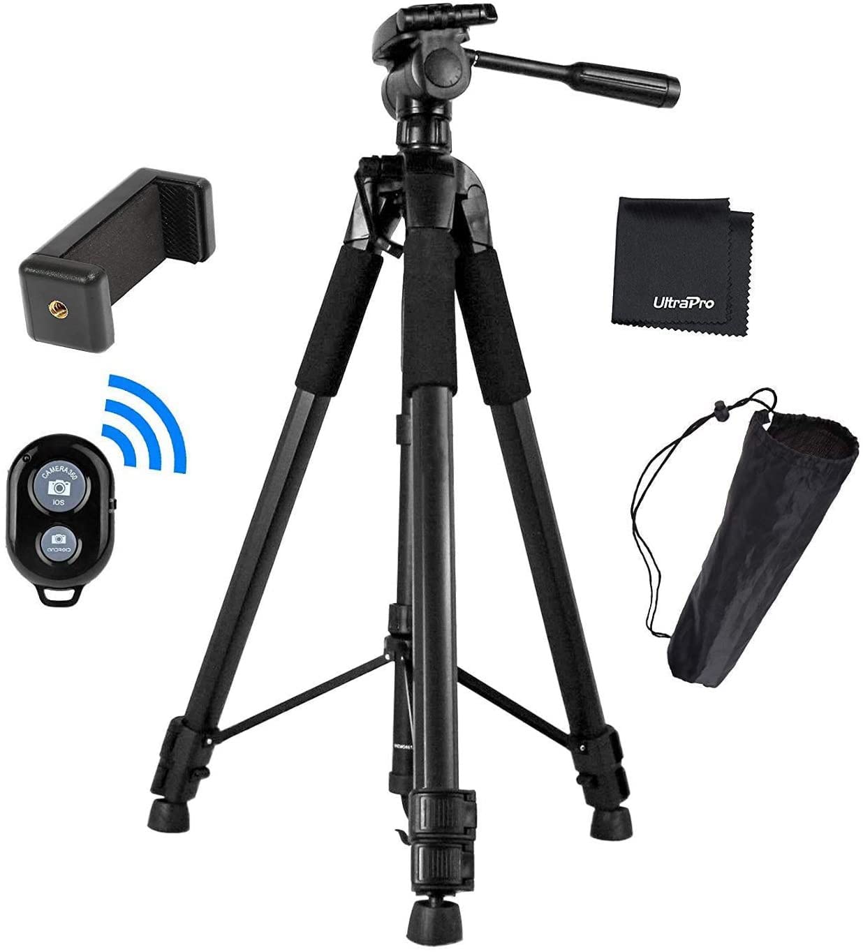 UltraPro 72" Inch Black Camera Tripod with Universal Smartphone Mount + Remote Control Compatible with iPhone/Android Cell Phone, Includes UltraPro Microfiber Cleaning Cloth
