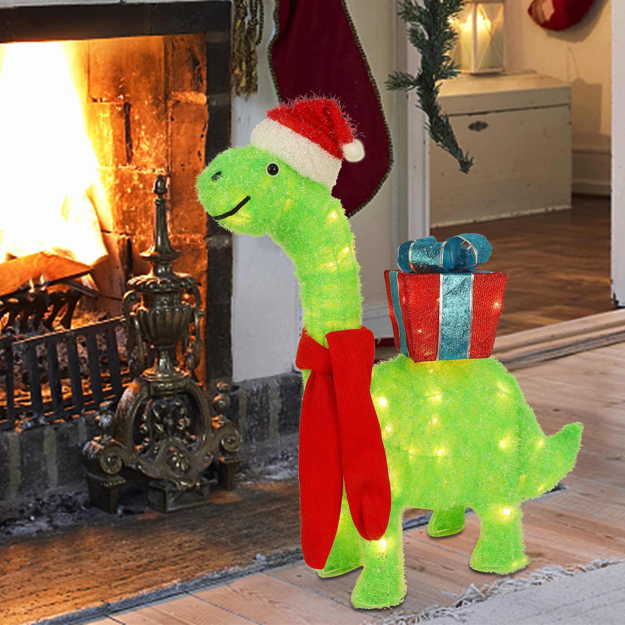 WATERGLIDE Lighted Christmas Green Dinosaur with Gift Box Decorations, 27 Inch Pre-Lit Light Up 3D Brachiosaurus Xmas Outdoor Yard Decor with Lights, for Festive Xmas Holiday Garden Lawn Display