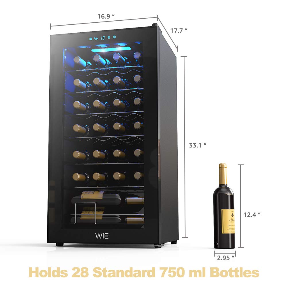 WIE 28 Bottle Wine Cooler Refrigerator Compressor Wine Fridge Freestanding Quiet Operation 41°F-64°F Cooling Wine Cellar Digital Touch Display UV-Protective Finish Auto-Defrost Double-layer Glass Door