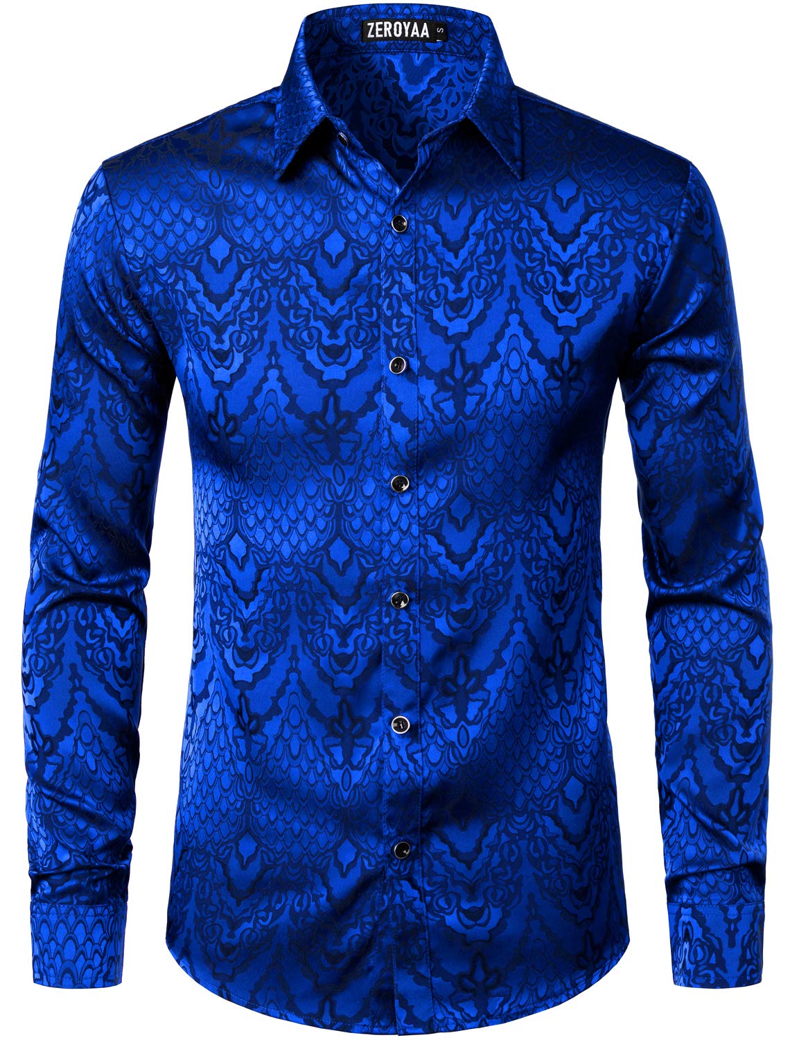 ZEROYAA Men's Hipster Slim Fit Long Sleeve Gothic Jacquard Button Up Dress Shirts for Party Prom ZLCL32-Royal Blue Large