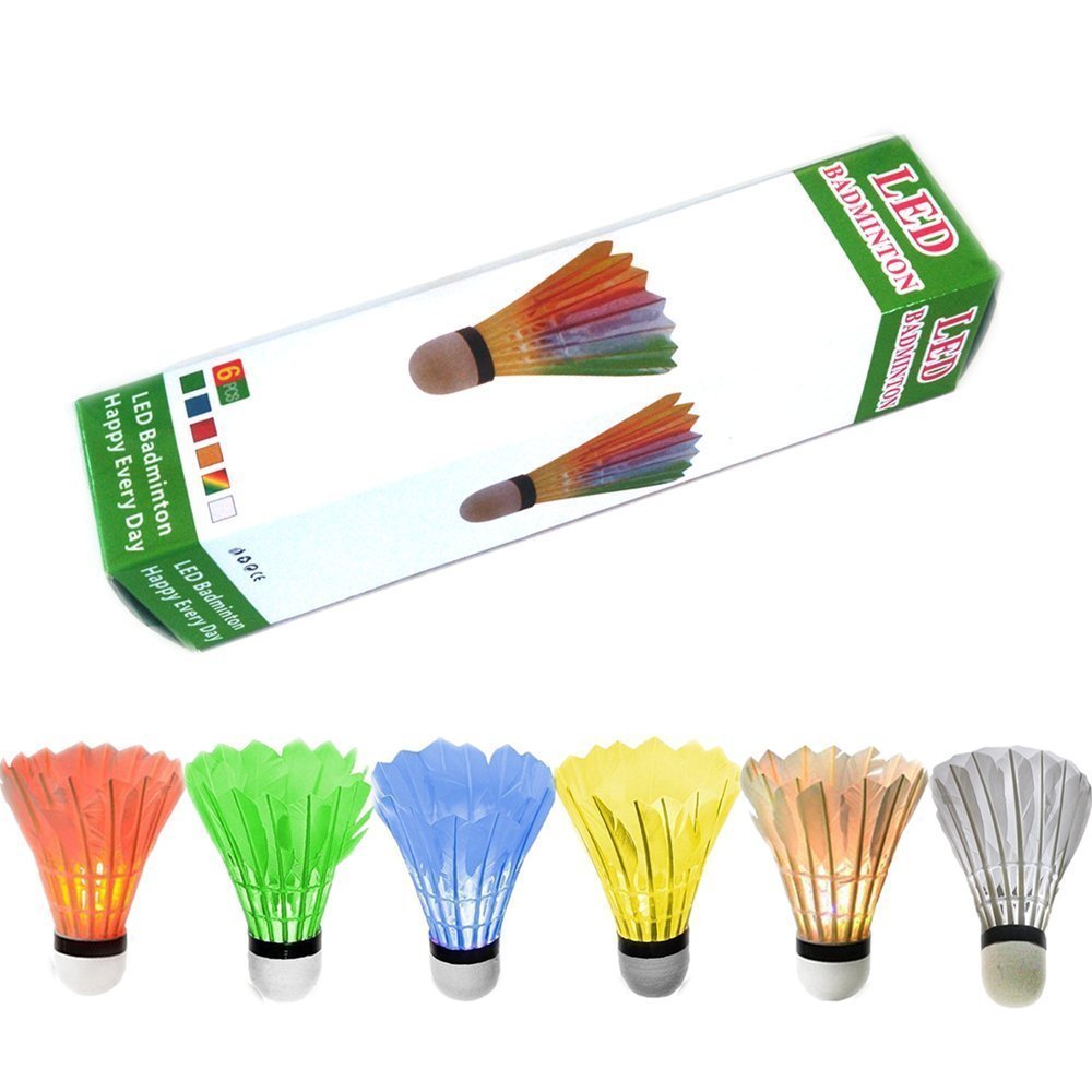 ZHENAN LED Badminton Shuttlecocks Dark Night Glow Birdies Lighting for Outdoor & Indoor Sports Activities (Feather_6pcs)