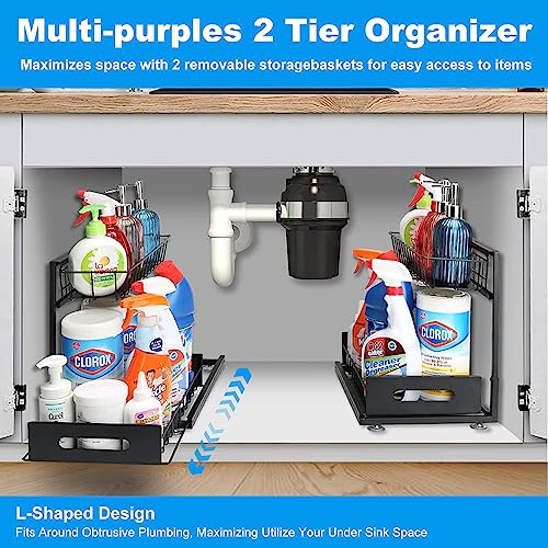 VANRIOS 100% Metal Under Sink Organizer and Storage, 2-Tier Pull Out Cabinet Organizer Shelf Under Cabinet Storage Height Adjustable Non-Slip Multi-Use Slide Out Cabinet Basket for Bathroom, Kitchen