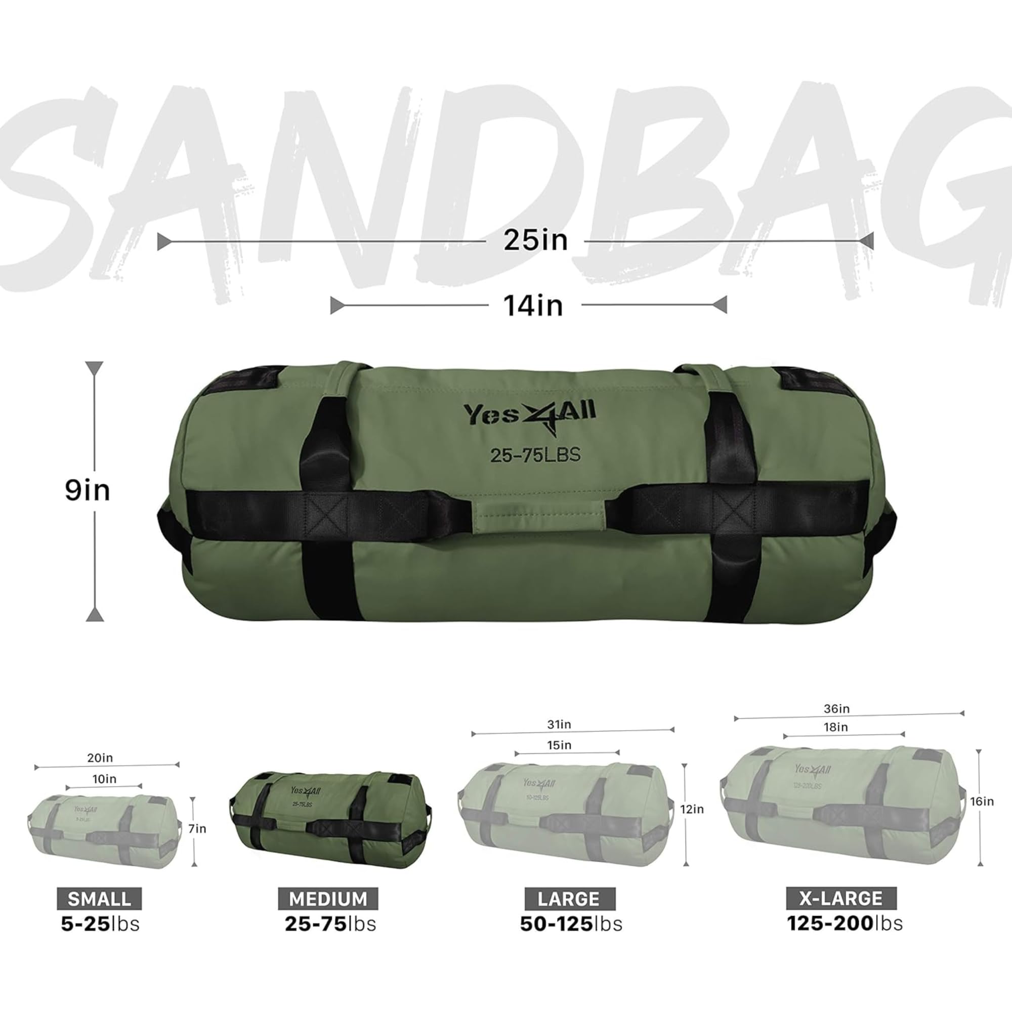 Yes4All Workout Sandbags, Heavy Duty Sandbags - Army Green - M