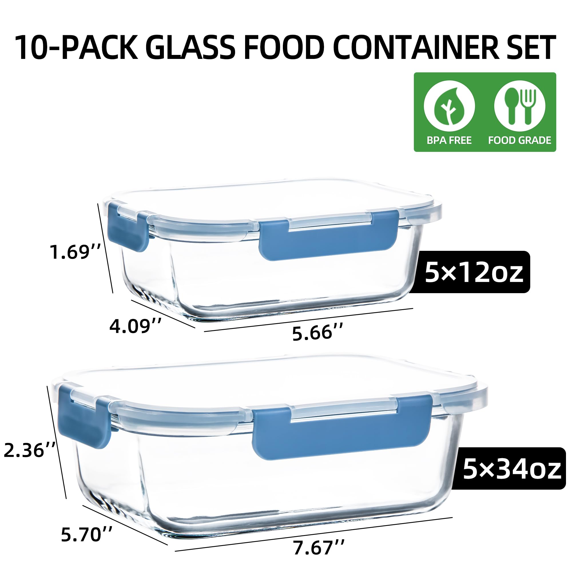 UMEIED 10-PACK Glass Food Storage Containers Set with Airtight Lids, for Meal Prep, Lunch and Portion Control, Microwave, Oven, Freezer and Dishwasher Safe (Grey Blue) US-TL